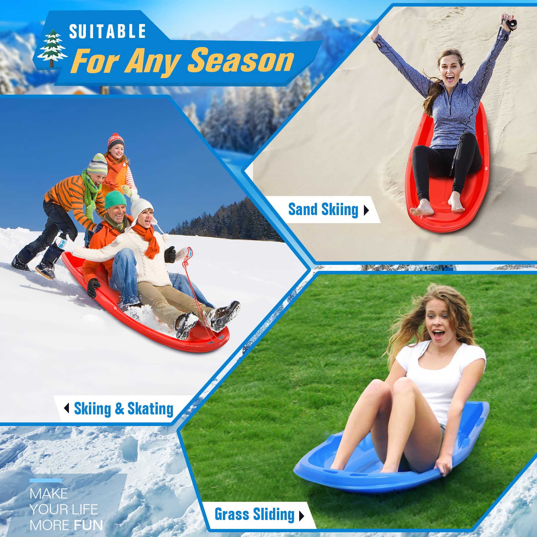 Snow Sled 2 Pack - 48“ Plus Size Toboggan 2 Person Sled for Kids and Adult Lightning Saucer Sleds for Winter Sledding Durable Plastic Snow Scooter Winter Outdoor Grass Dune Game