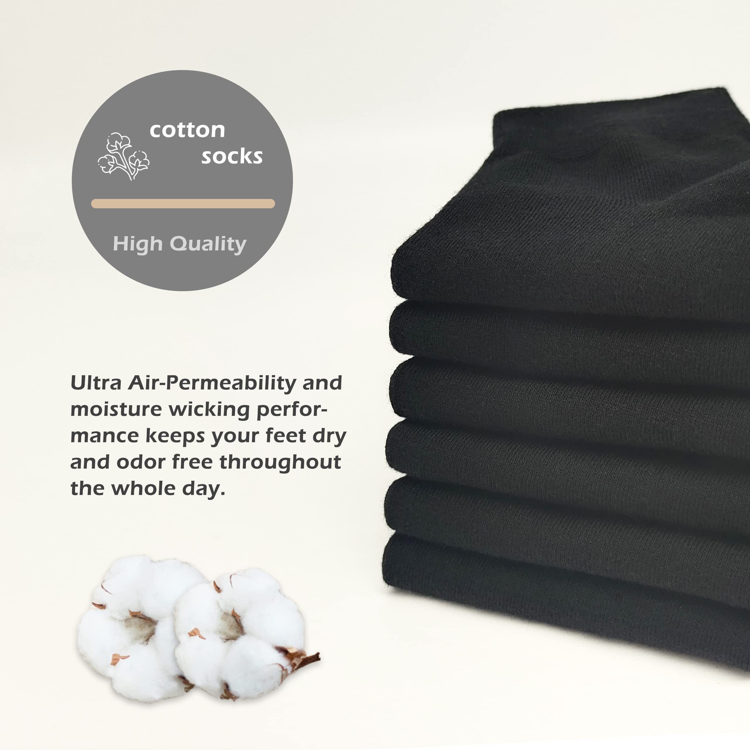 Women's Cotton Socks, Soft Thin Breathable Moisture Wicking Ankle Crew Casual Socks 6 Pairs (Black, US Size 6-11)
