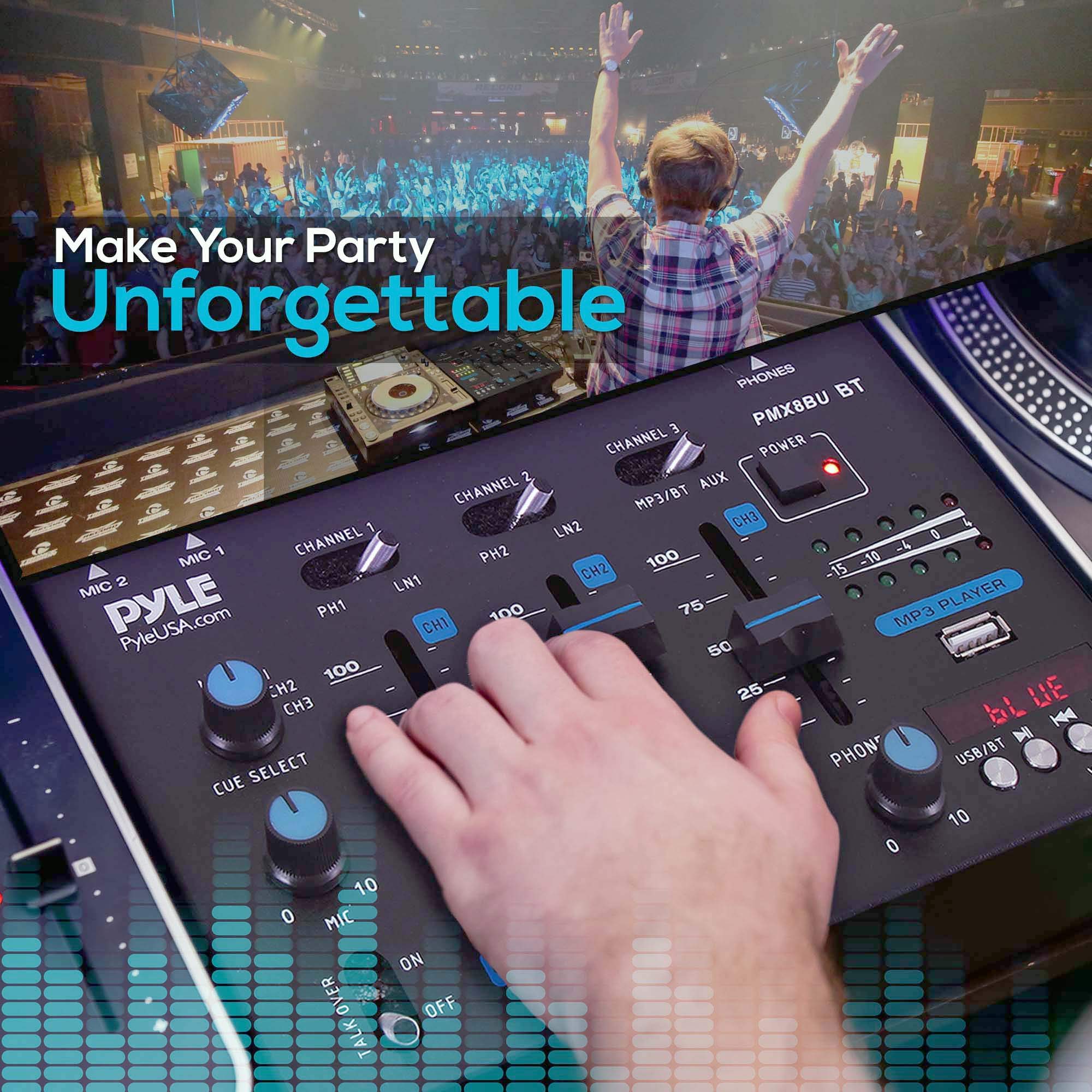 Pyle Wireless DJ Audio Mixer - 3 Channel Bluetooth Compatible DJ Controller Sound Mixer, Mic-Talkover, USB Reader, Dual RCA Phono/Line In, Microphone Input, Headphone Jack - Pyle PMX8BU,Black