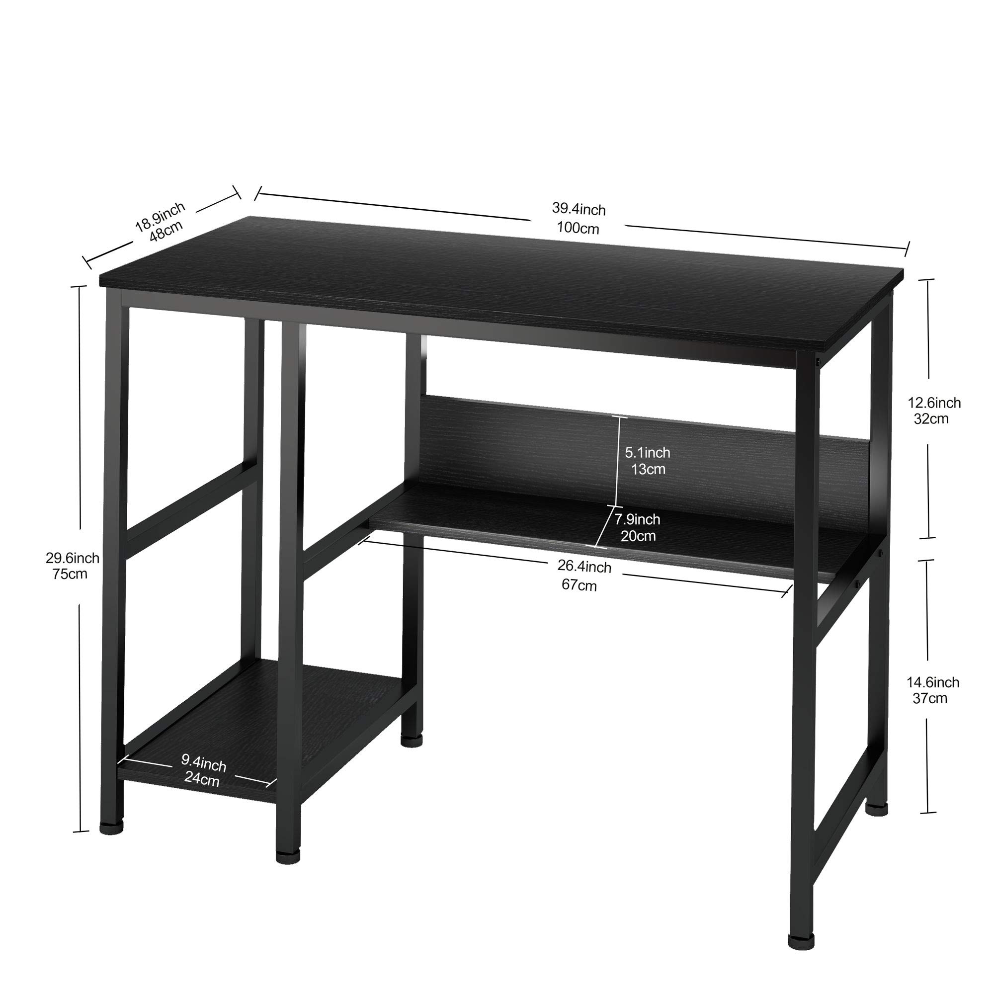 Ruitta Writing Computer Desk with Shelves, Sturdy Home Office Desk, Writing Desk Study Desk for Small Spaces, Easy Assemble, Stable Metal Frame (39", Black)