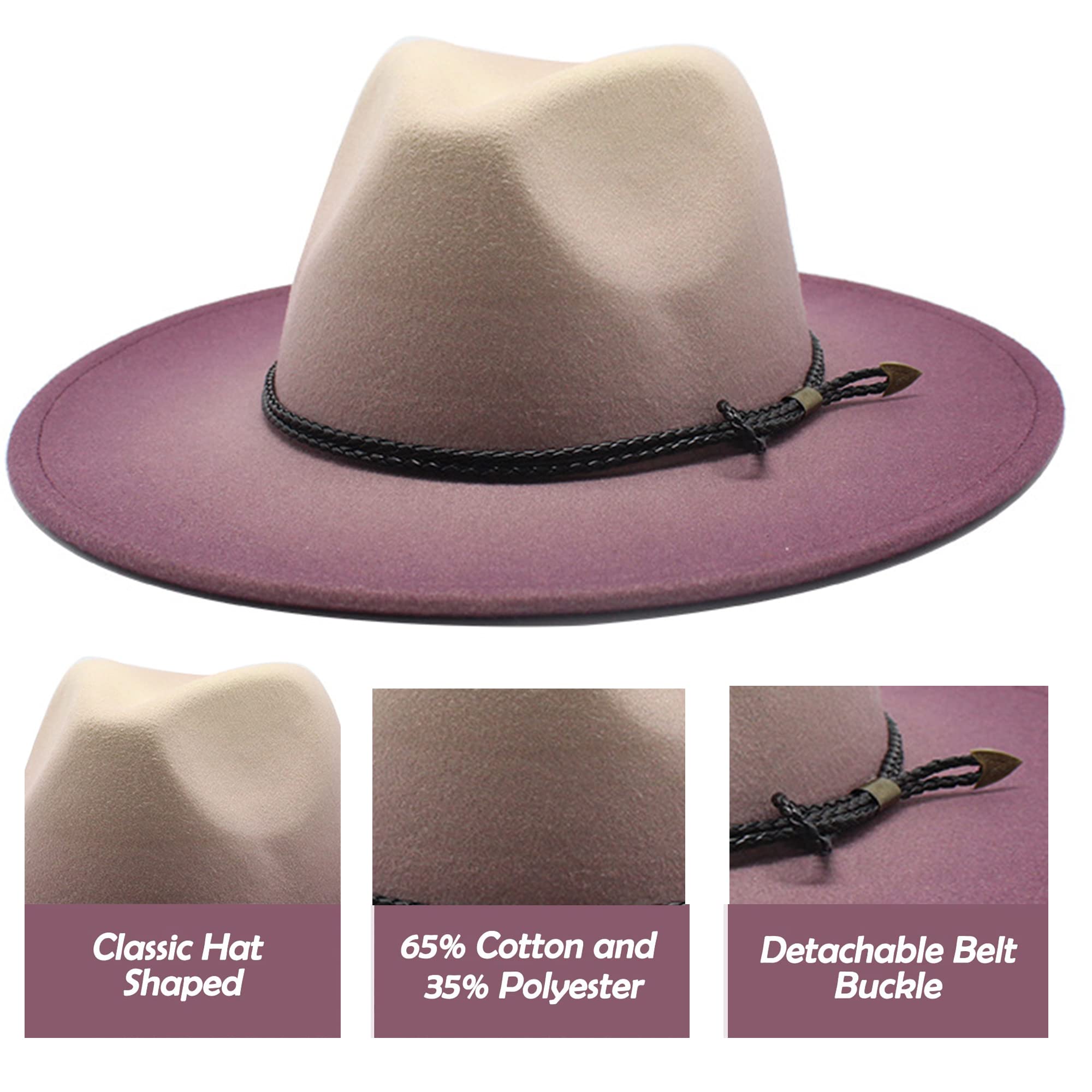 Two-Tone Gradient Fedora Hat for Women British Felt Panama Hats Ladies Tie-Dye Wide Brim Top Hat (Medium (Adjustable 22-27 Inches), Lavender Gradient(Detachable Decorative Black Belt)