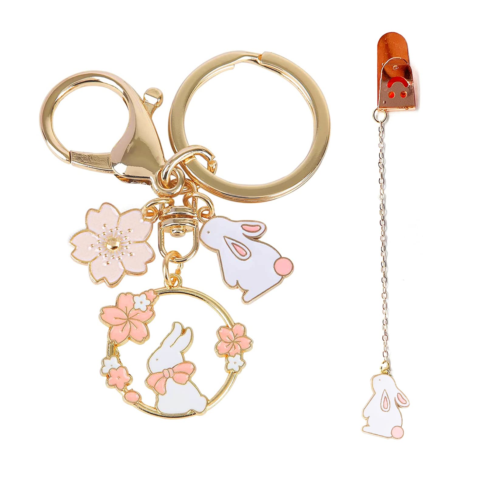 VUKWOO Cute Bunny Keychain and Metal Rabbit Bookmark,Kawaii Keychain with Rabbit and Cherry Blossom,Bunny Charm for Backpack/Keychain/Wallet/Purse