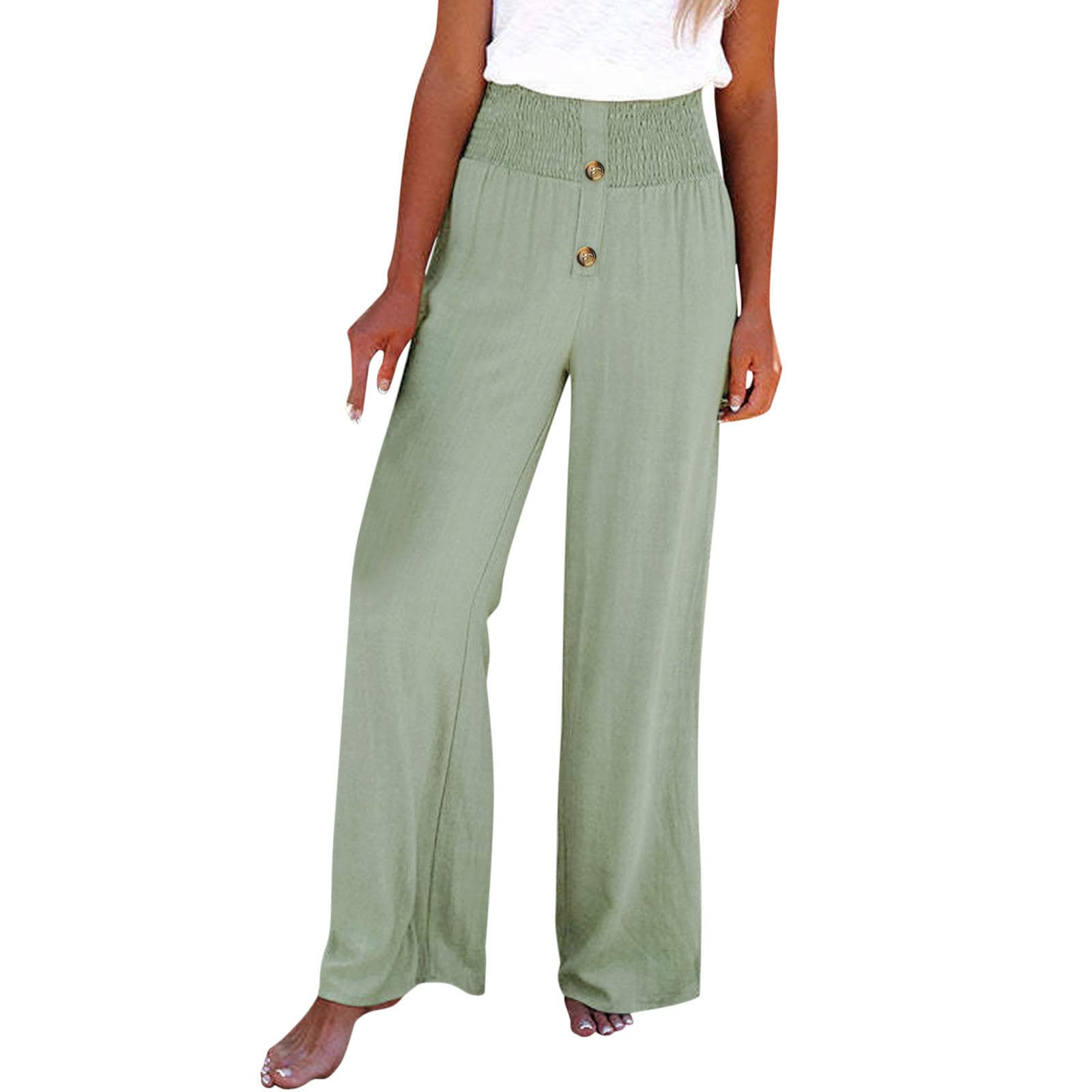 Women's Cotton Linen Pants Smocked High Rise Loose Comfy Wide Leg Trousers Elastic Waist Button Fly Solid Harem Pants(A4 Green X-Large