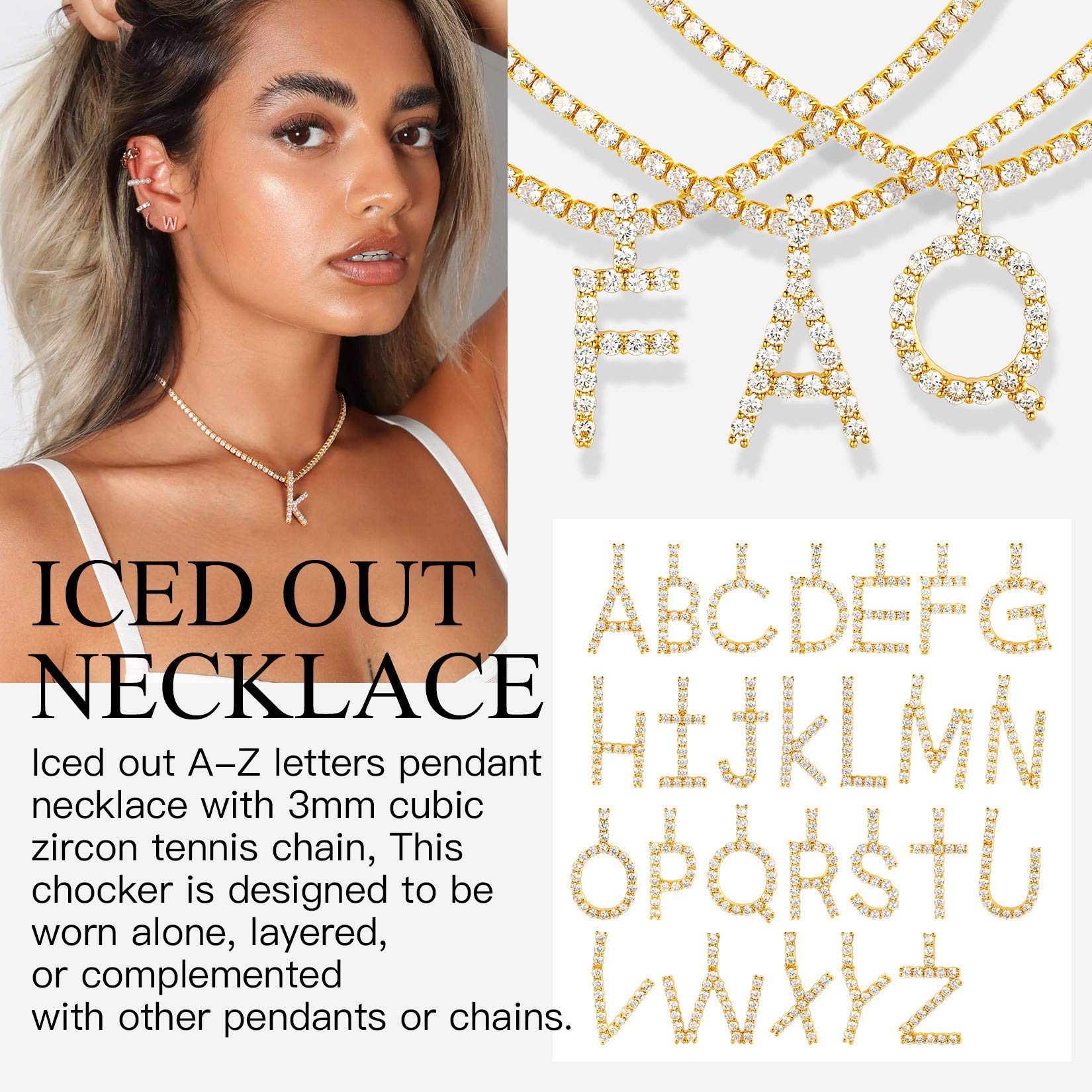 Suplight Tennis Chain Initial Necklace, Choker Chain with Pendant, Womens Bling Necklace, Cubic Zirconia CZ Micro Pave A-Z Alphabet Letter Necklaces for Women