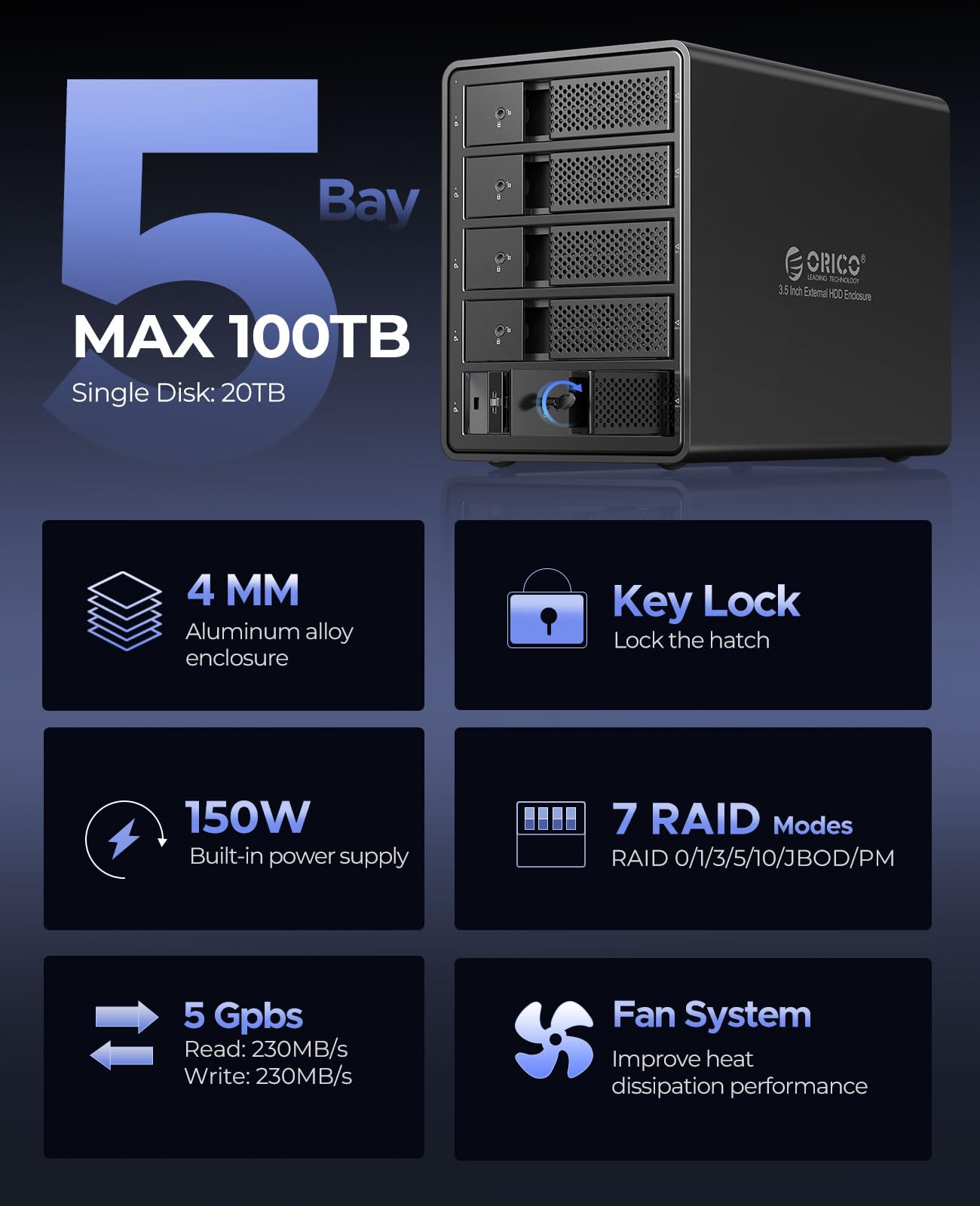 ORICO 5 Bay Raid Hard Drive Enclosure Aluminum USB 3.0 to SATA Hard Drive Tray Less Docking Station Max Up to 100TB Support RAID 0/1/3/5/10/JBOD Single Mode, Designed with Safety Lock-9558RU3