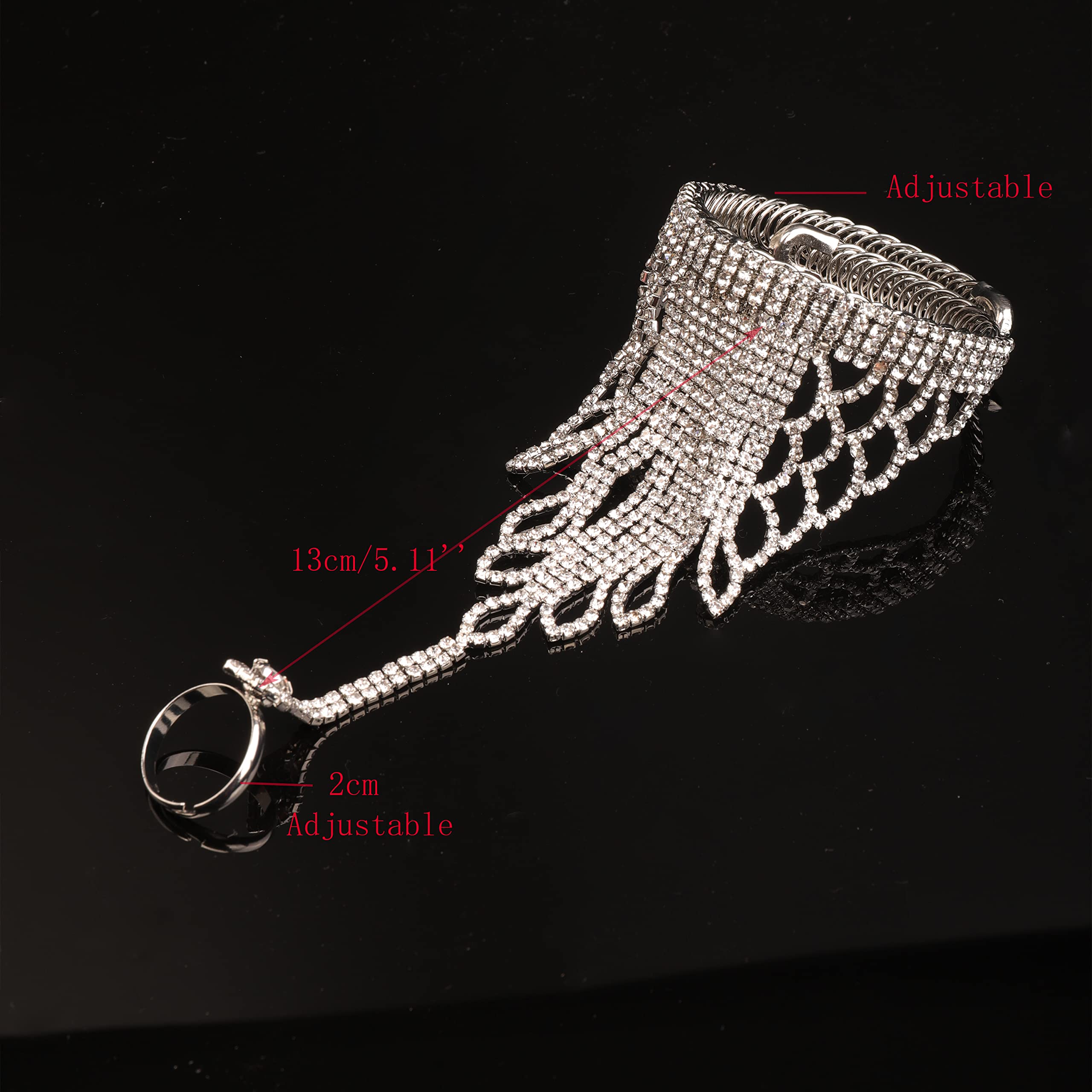 YERTTER Dainty Rhinestone Crystal Hand Chain Slave Harnss Bracelet Finger Chain Bangle Bracelet Silver Gold Hand Chain Ring Link Bracelet (Style 1)