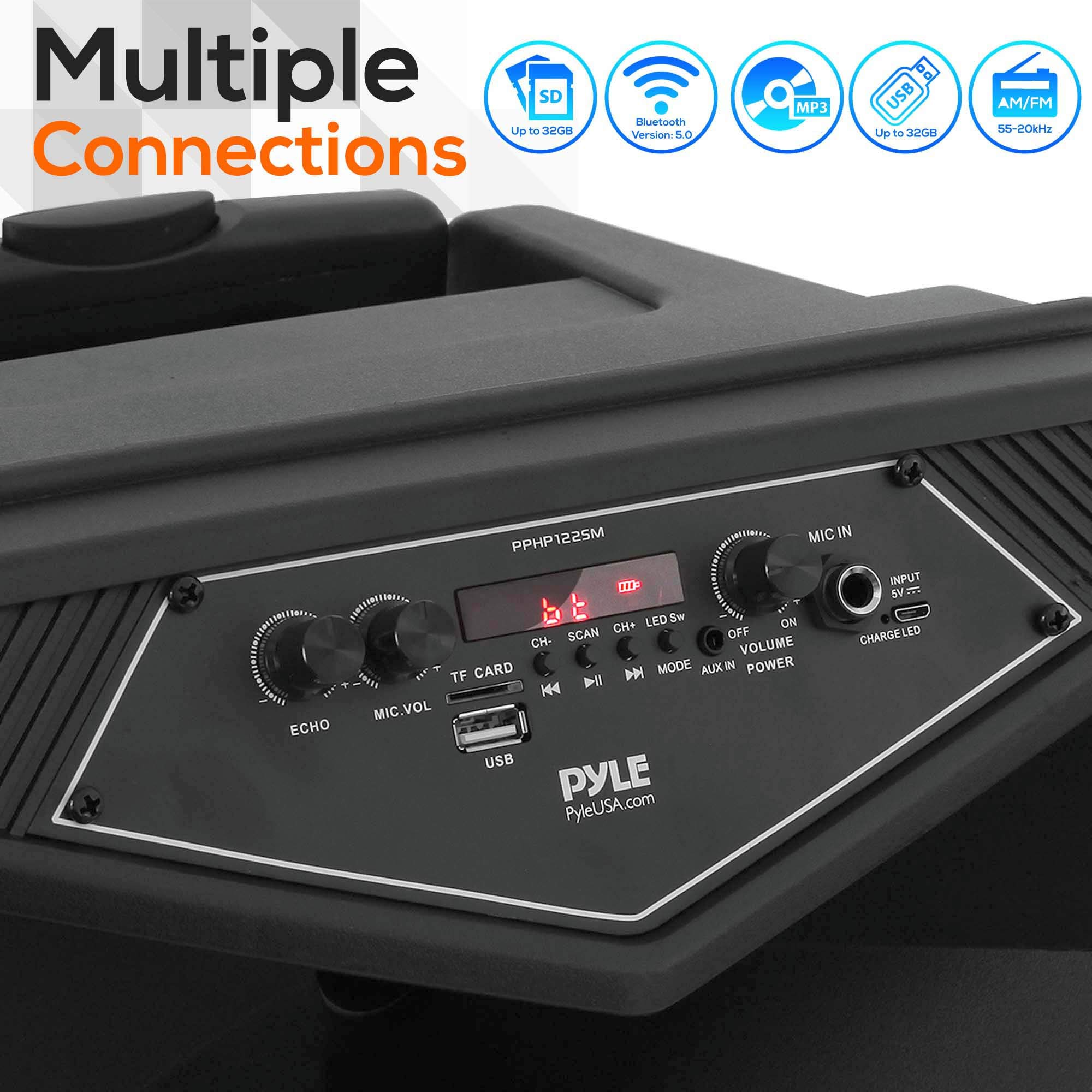 PYLE Portable Bluetooth PA Speaker System - 1200W Outdoor Bluetooth Speaker Portable PA System w/ Microphone In, Party Lights, MP3/USB SD Card Reader FM Radio, Rolling Wheels - Mic, Remote PPHP152SM