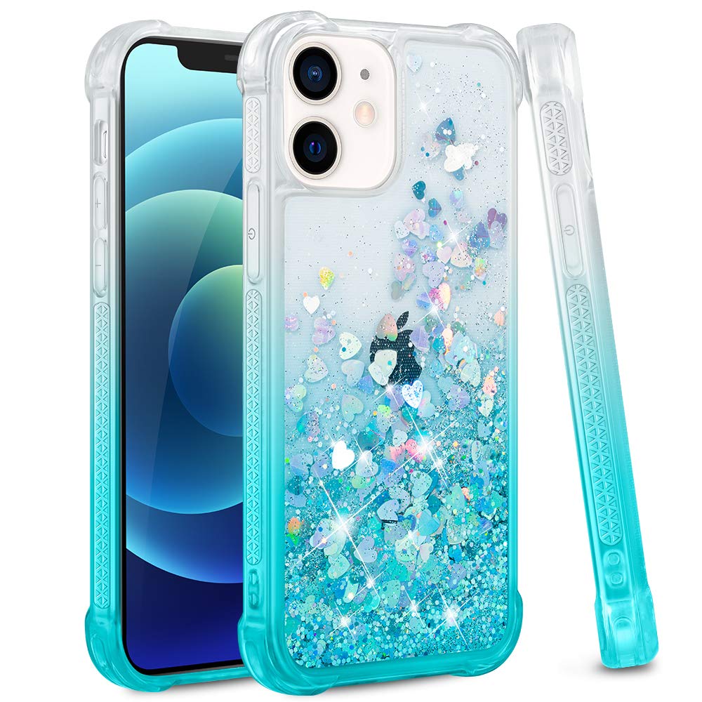 Ruky Compatible with iPhone 12 Case/iPhone 12 Pro Case 6.1 Inch (2020), Glitter Flowing Liquid Quicksand Series Bling Soft TPU Bumper Cushion Girls Women Phone Case, Gradient Teal