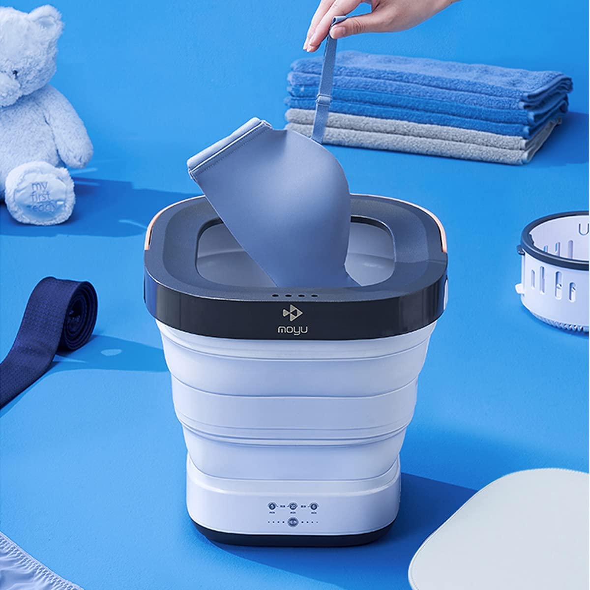 MOYU Mini Portable Bucket Washer Foldable Washing Machine with Soft Spin Dry and Drainage Pipe Pink (English User manual and button labels)