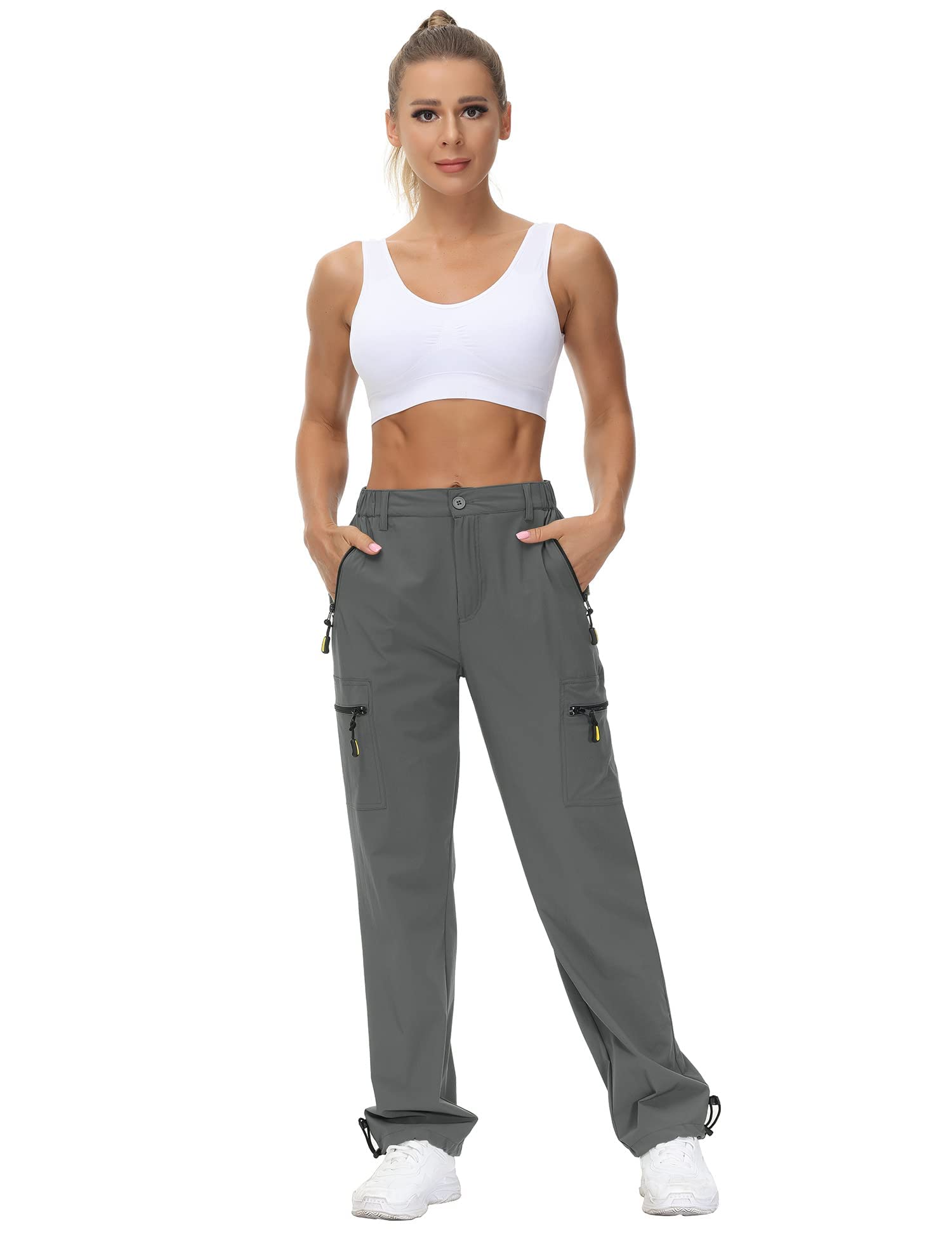 VVK Women's Cargo Hiking Pants Elastic Waist Quick Dry Lightweight Outdoor Water Resistant UPF 50+ Long Pants Zipper Grey Large