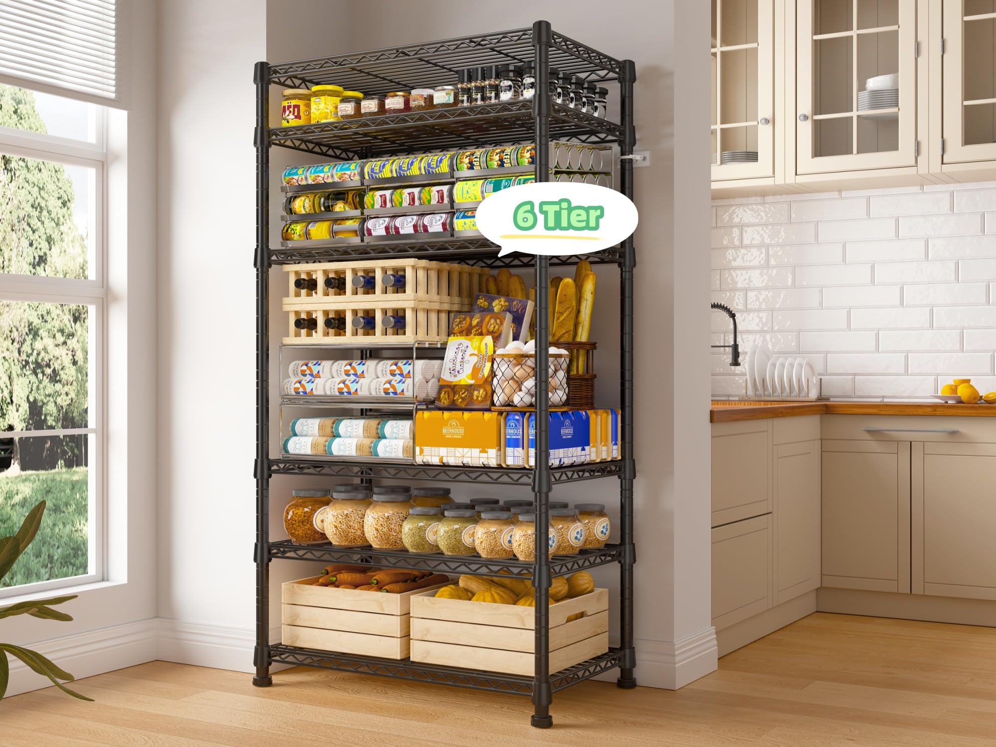 REIBII 6-tire Wire Shelving Rack,Storage Shelves Metal Shelves for Storage Load 1000 LBS,Heavy Duty Shelving Unit with Wire Shelf Adjustable Pantry Shelf Bathroom Kitchen Garage Black 24" Wx14 Dx71 H