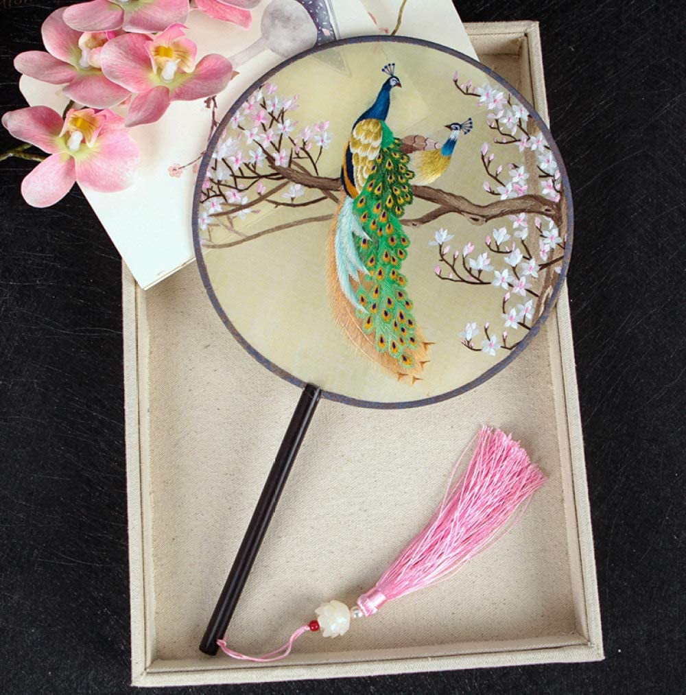 TYAGY Hand-held Folding Fan, Classical Double-Sided Translucent Handmade Silk Embroidery Fan Green Peacock Handle Group Fan Court Fan Gift Craft Folding Fan Dance Fan