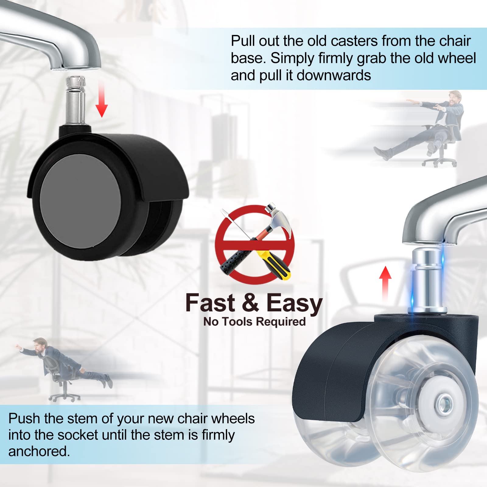 Office Chair Caster Wheels Replacement (Set of 5,2 Inch Double Casters) Heavy Duty Smooth and Quiet Rolling Casters Safe for All Floors - Standard Stem Size - Black