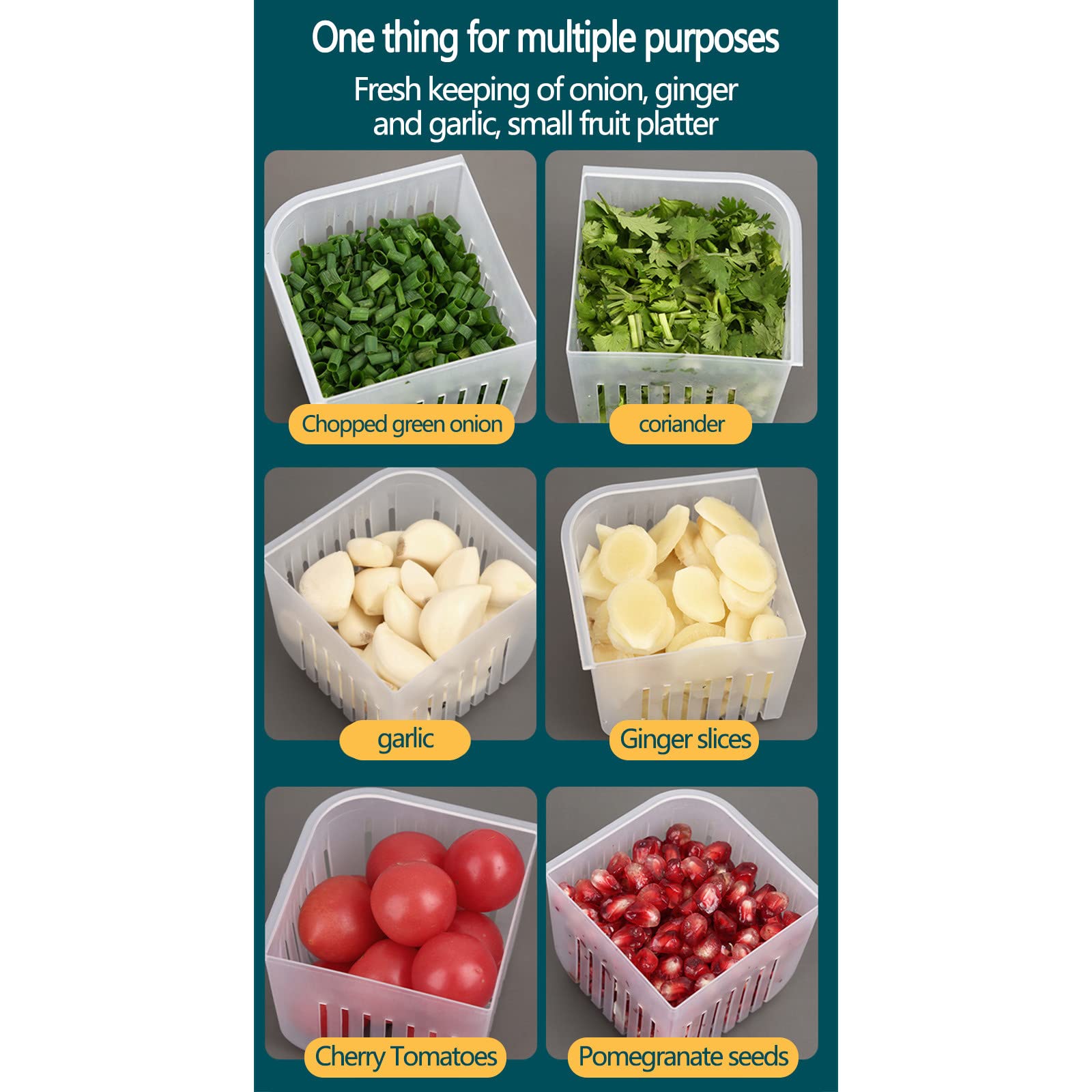 WOHSAO Storage Containers Square Handle Food Storage Organizer Boxes with Lids for Refrigerator, Food Storage Box, Food Storage Containers with Lids, Four-Grid Containers for Ginger Slice