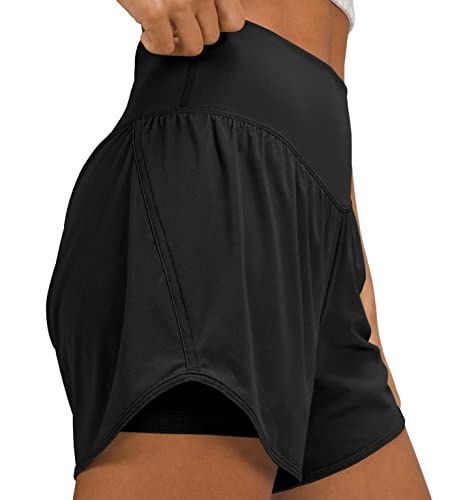 Women's High Waisted Yoga Shorts Mesh Elastic Waist Running Athletic Workout Quick Dry Shorts Black
