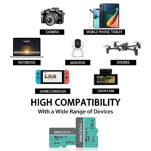 RECIDO 256GB TF Card,Mini Memory Card,4K UHD,Full HD,U3,Class10,A1,High Speed TF Flash Memory Card for Dash Cams,Phone,Drone,Tablet and PC