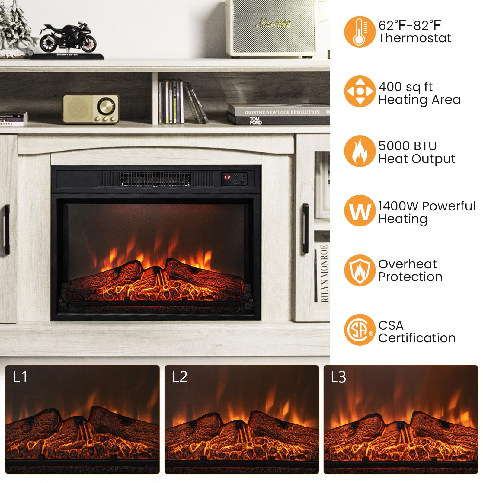 Tangkula Fireplace TV Stand for TVs Up to 65 Inch, Electric Fireplace TV Console w/Remote Control, Overheat Protection, 3-Level Adjustable Brightness, TV Entertainment Center w/23β Fireplace