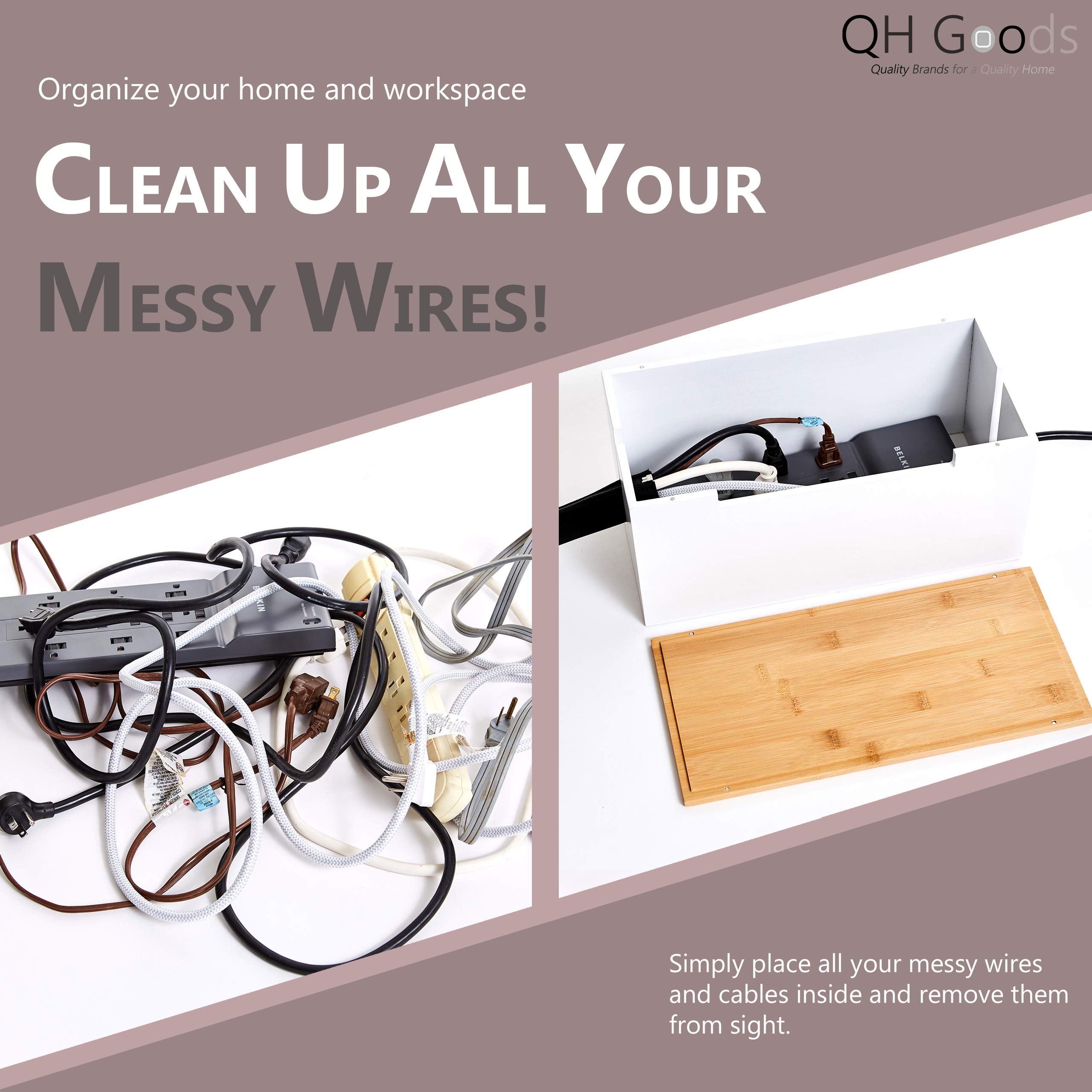 QH Goods Bamboo Cable Management Box Organizer Storage Large Wood Cord Cover for Floor Under Desk to Hide and Hold Power Strip, TV, Router, Computer, USB Hub, and Electrical Outlet Plug Wire (White)