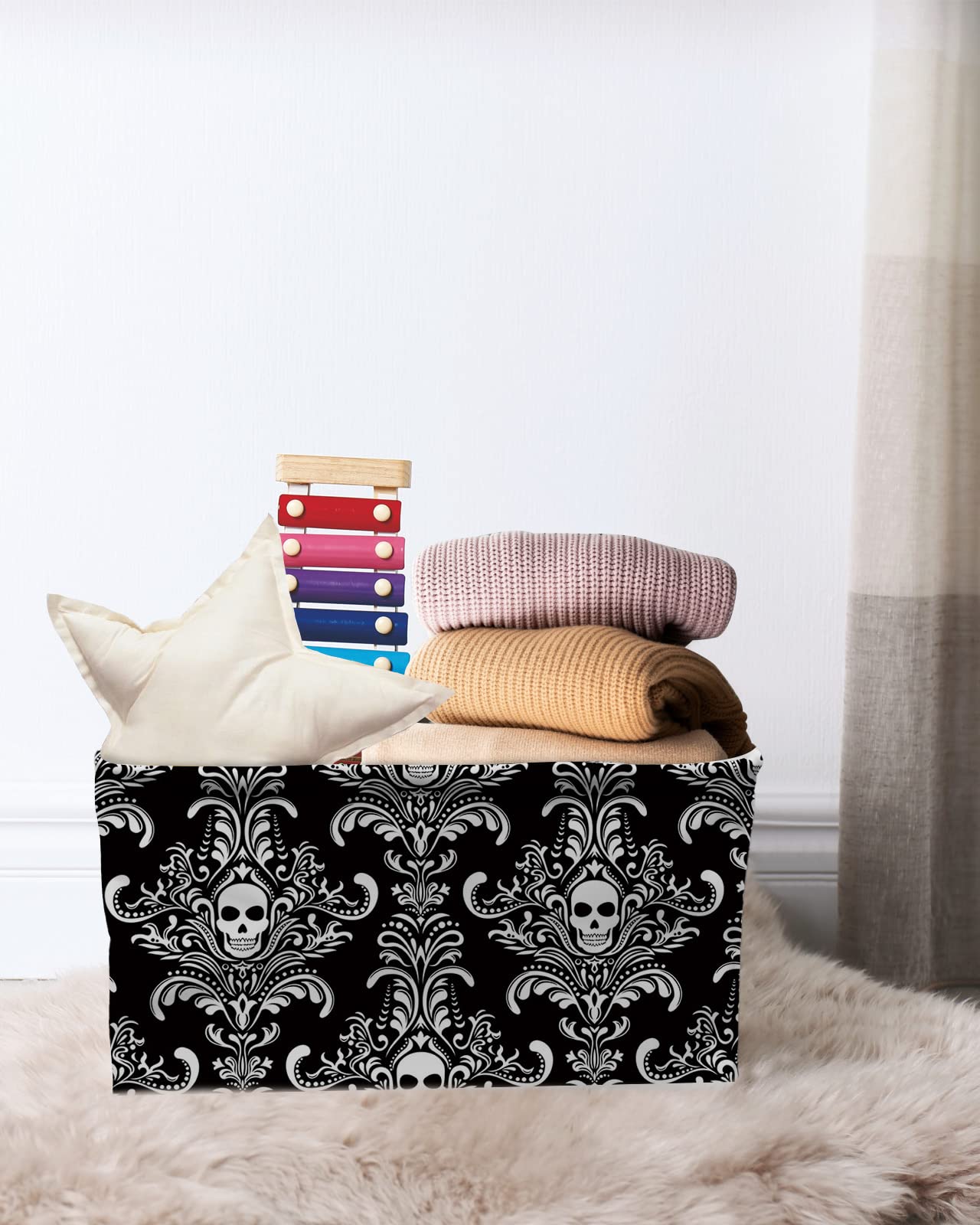 Storage Bins Large Storage Basket,Halloween Scary Skull Skeleton Damask Flower Collapsible Storage Bins with Handle,Black and White Shadow Storage Baskets Cube Organizer for Shelves Closet Nursery