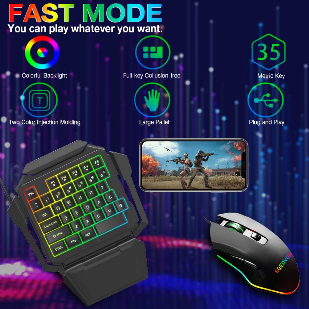 One Handed RGB Professional Gaming Keyboard And Mouse Combo, 35 Keys Portable PUBG, Half Keyboard Gaming Set for Laptop PC Xbox PS4 Switch Gamer