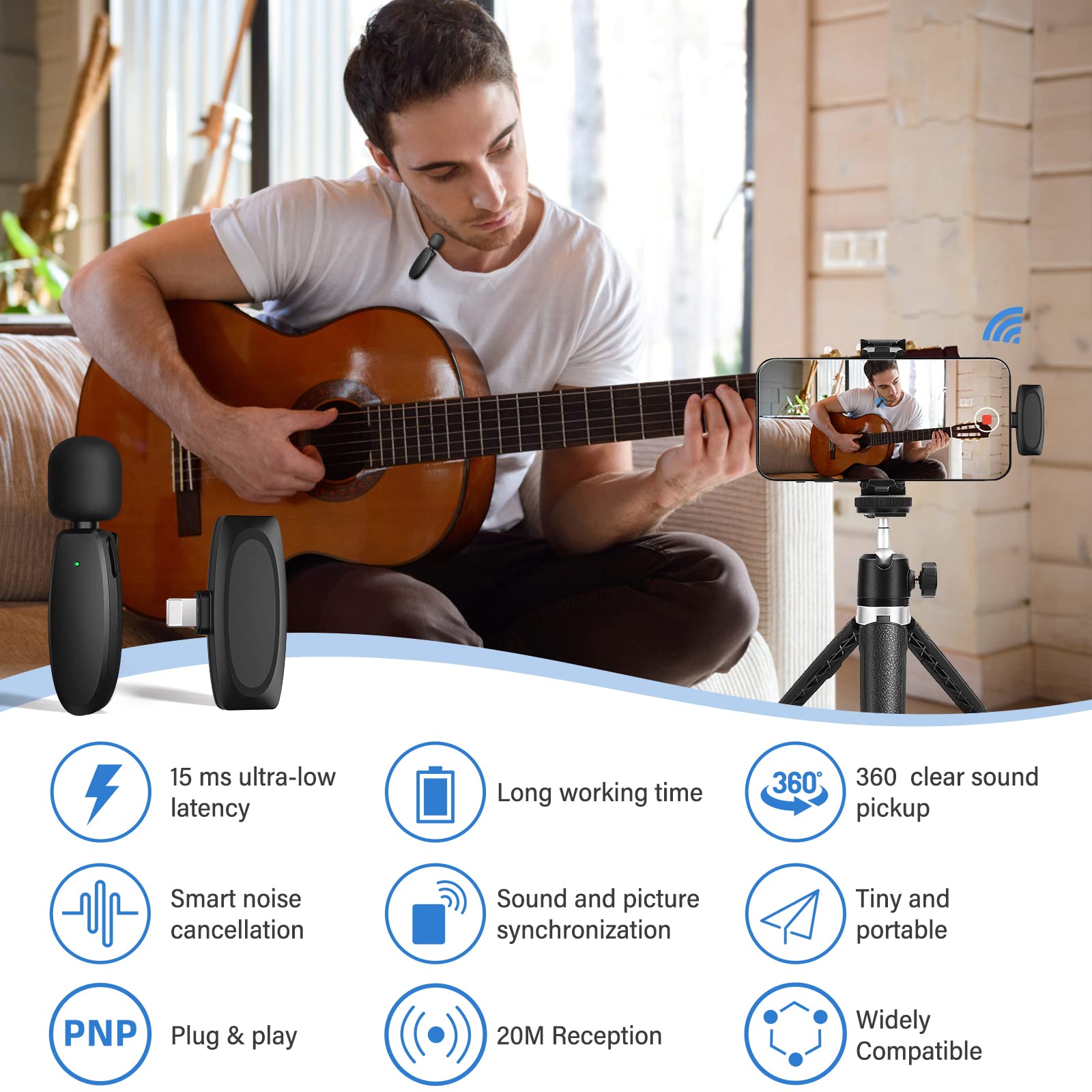 Wireless Lavalier Microphone for iPhone iPad Plug&Play Auto-sync Noise Reduction Lapel Mic Professional Video Recording Clip-on Lav Mic for Live Stream YouTube TikTok Facebook Interview (ONE-MIC)