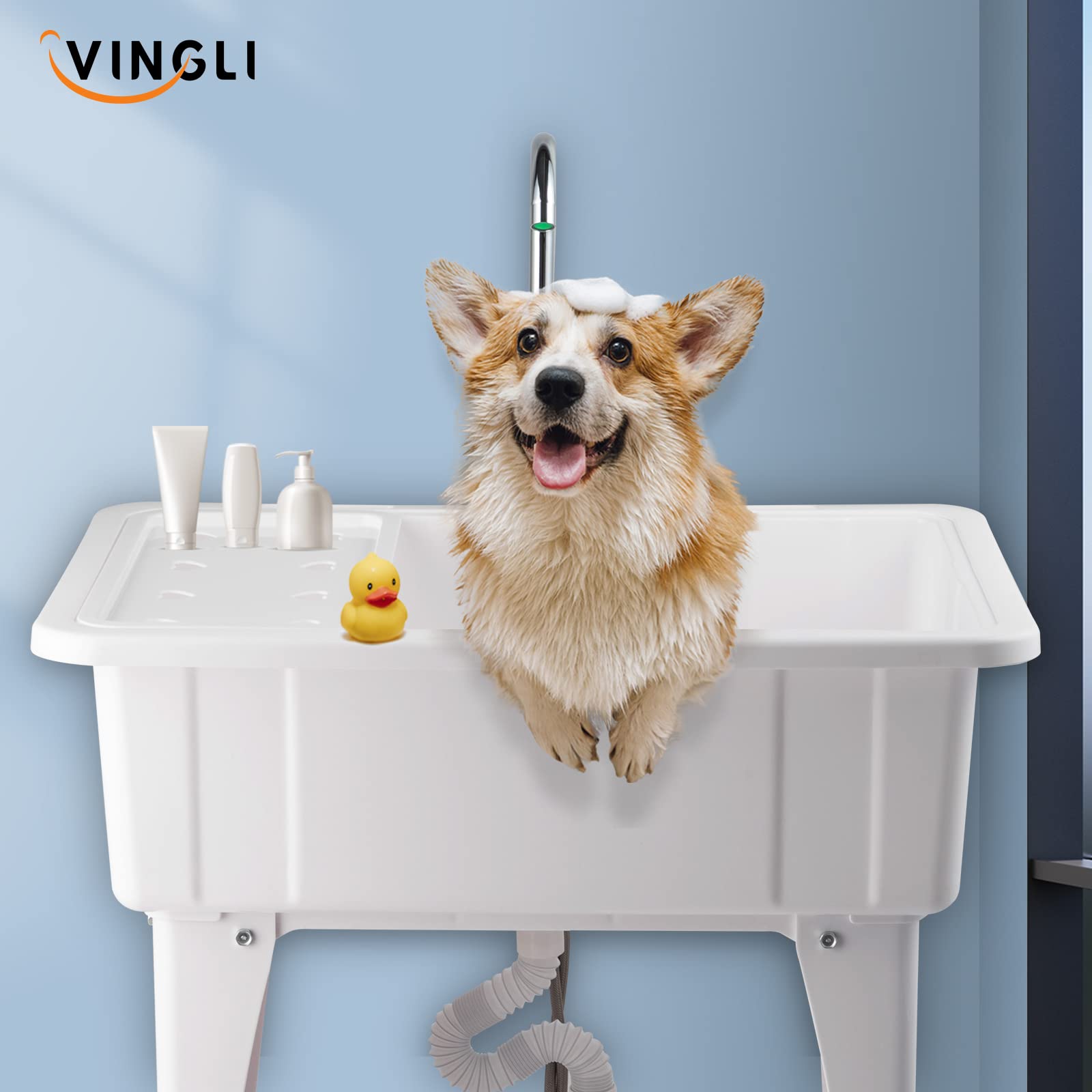 VINGLI Utility Sink Laundry Tub for Washing Room, Freestanding Utility Sink with Stainless Steel Faucet, White, 32.3"W x 22.4" D x43.3"H(Include Faucet)