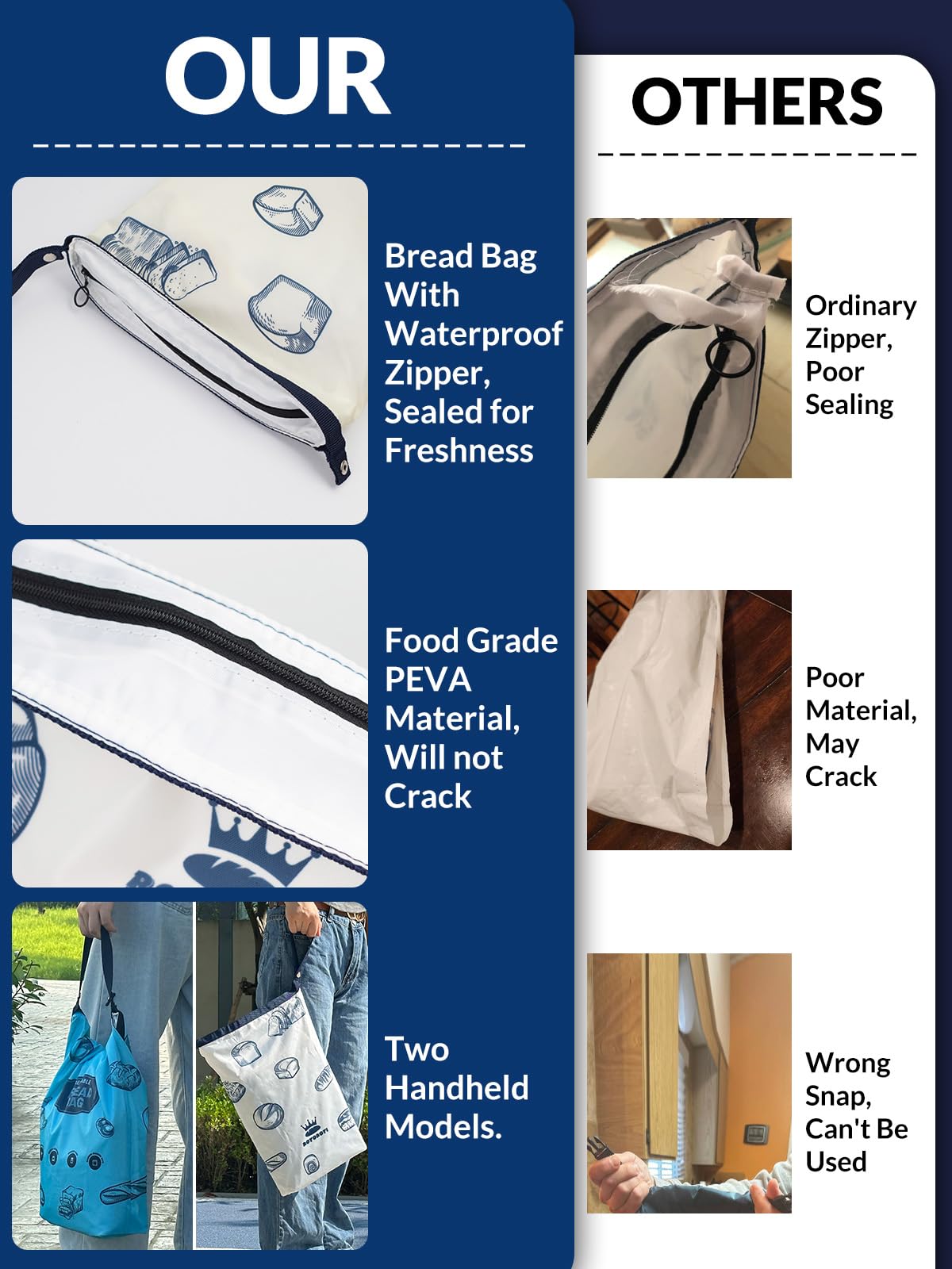 Royoroyi Bread Bags for Homemade Bread,2 Packs Reusable Bread Bag,Freezer Bread Storage Bag,Waterproof Zipper Bread Container to Keep Bread Fresh gift giving (beige, Jewel Blue)