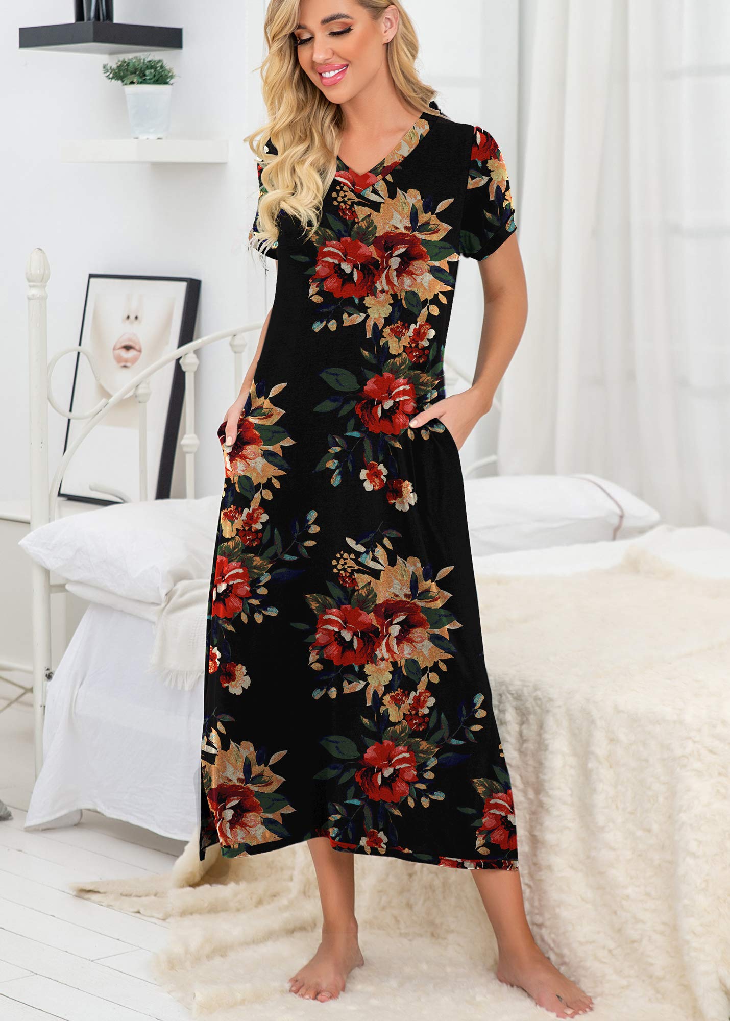 PrinStory Womens Long Nightgown Short Sleeve Nightshirt V-Neck Soft Loungewear Casual Sleepwear With Pockets FP-Brown Black-Large