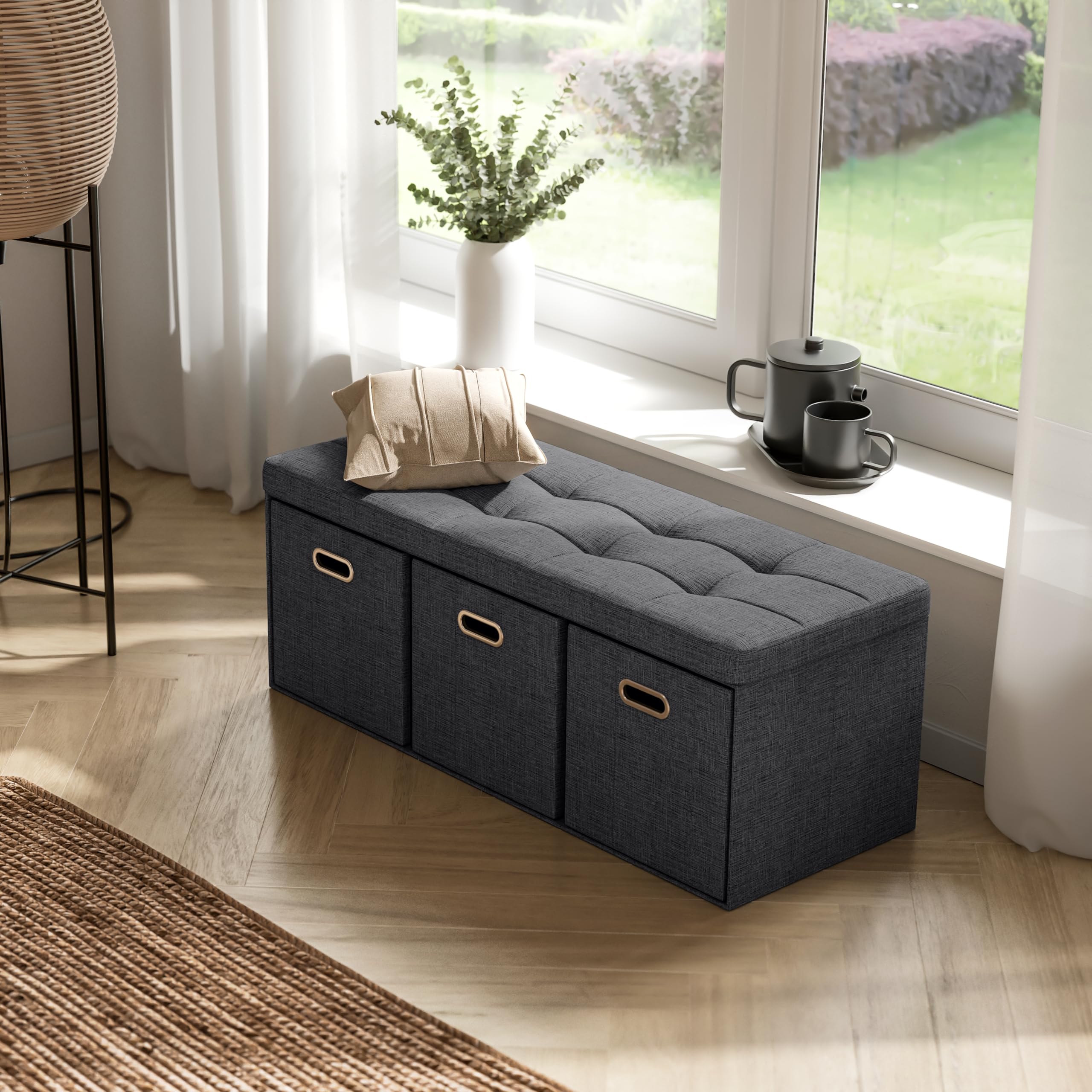 Ornavo Home Foldable Tufted Linen Large Long Bench Storage Ottoman Foot Rest Stool Seat with 3 Drawer Cubes - 15" x 40" x 15", Beige