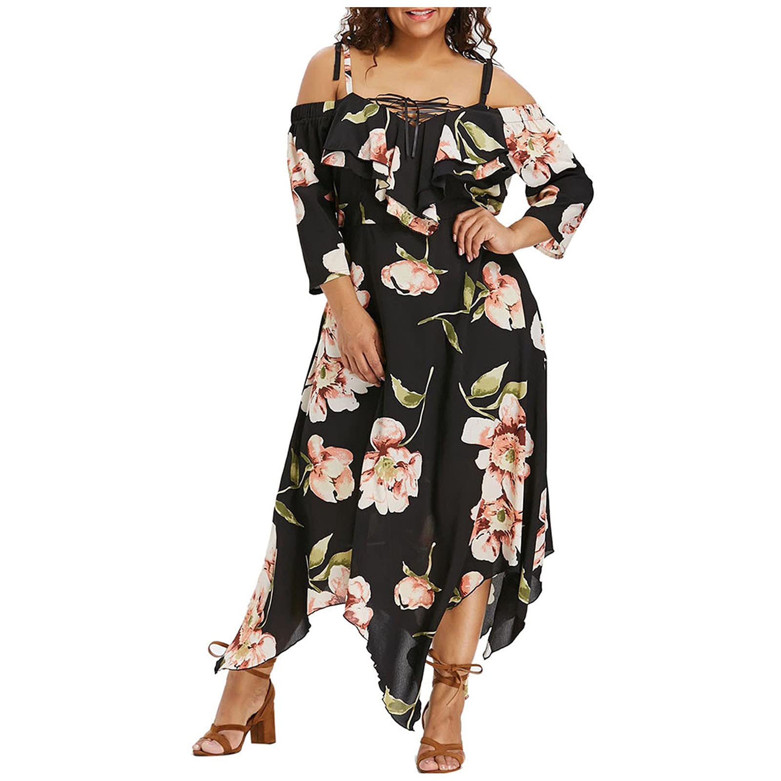 Women's Plus Size Dresses Summer Boho Beach Vacation Dress Off Shoulder Lace Up Maxi Dress Floral Flowy Long Dress
