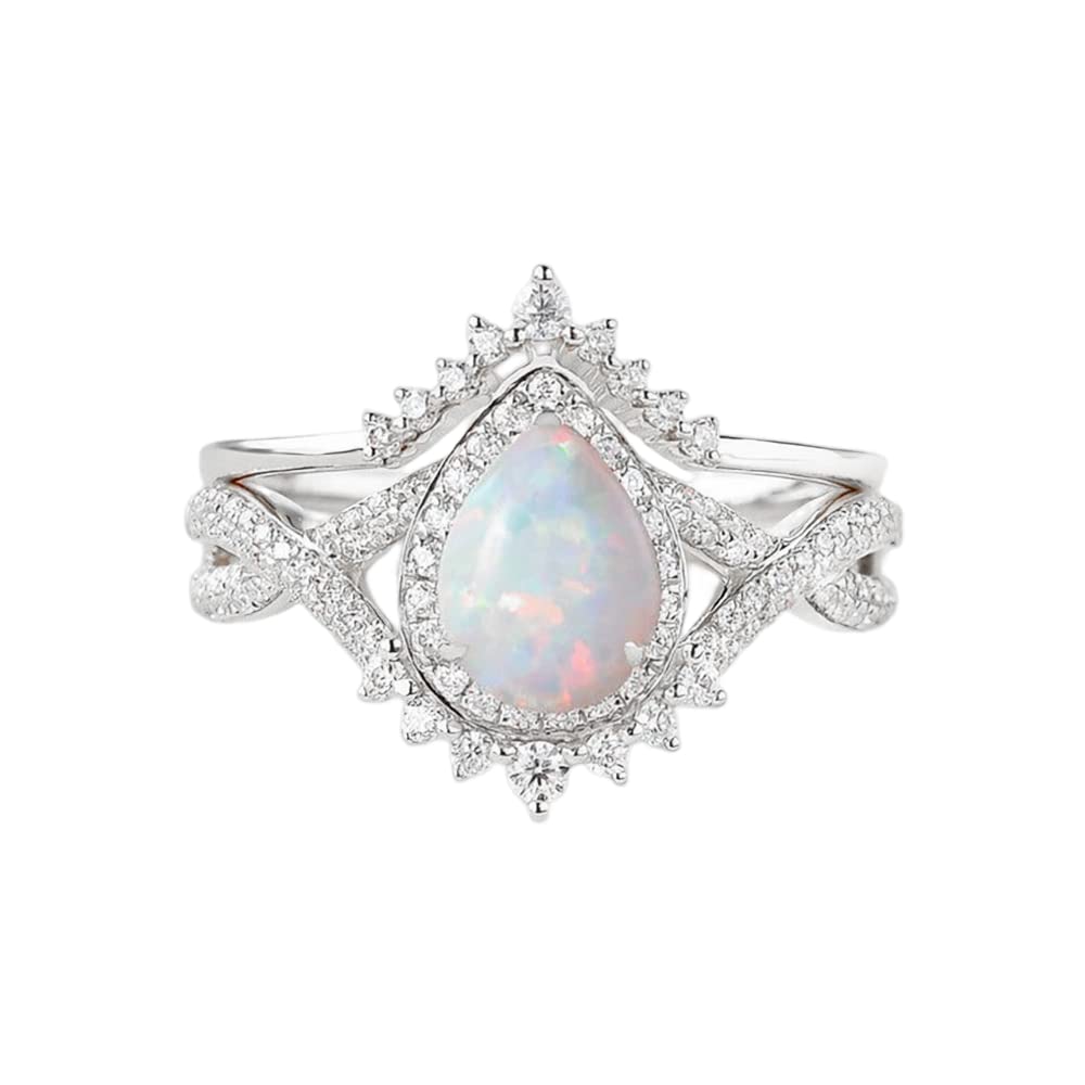 YDD 14k Rose Gold 1.5ct Pear Shaped Opal Engagement Rings for Women Opal & Moissanite Bridal Set Vintage Halo Infinity Ring Set 2pcs Inspired V Shaped Wedding Band Anniversary Free Engraved