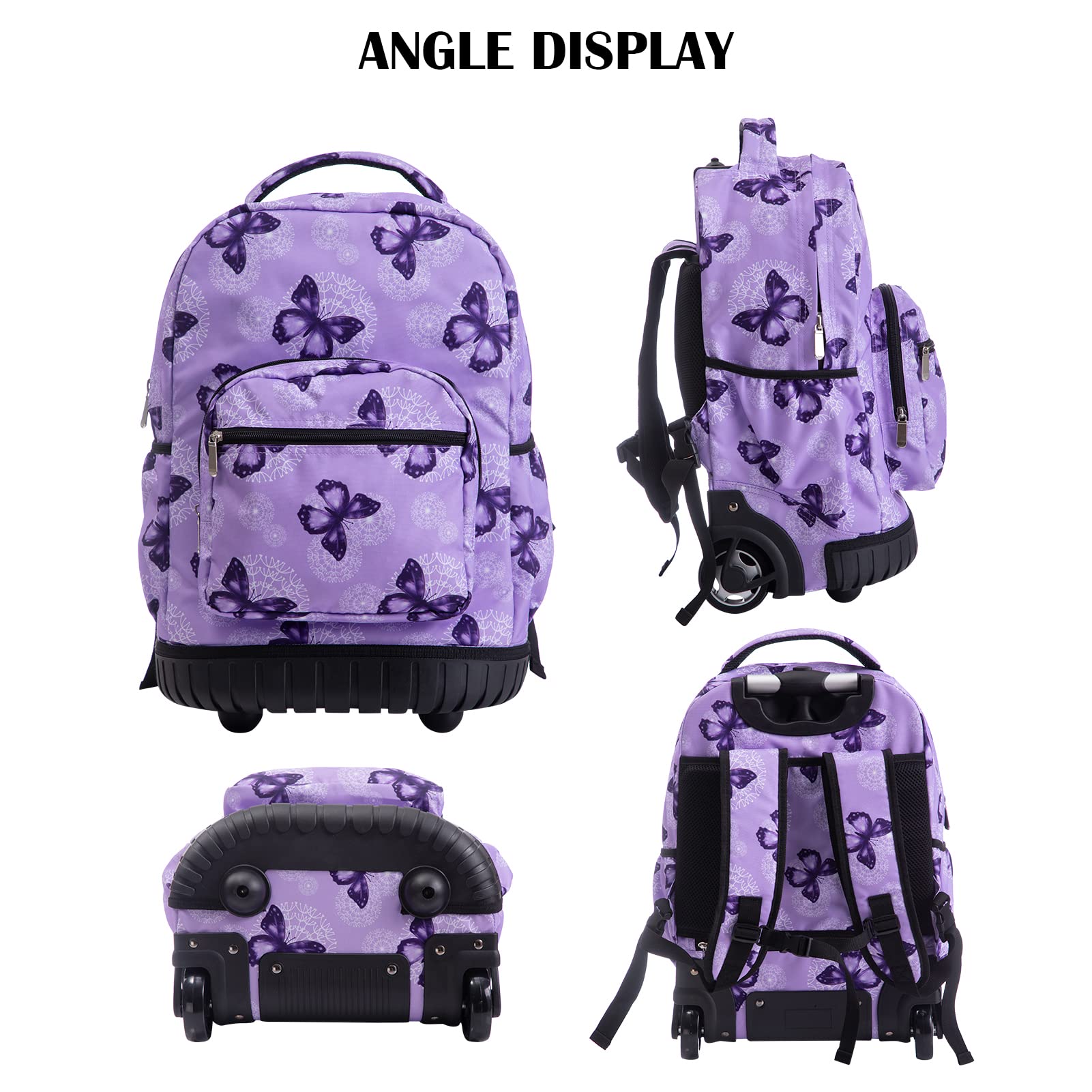 SKYMOVE 18 inches Wheeled Rolling Backpack Multi-Compartment Elementary Books Laptop Roller Bag Short Trip Carry-on for Women and Girls, Purple Butterfly