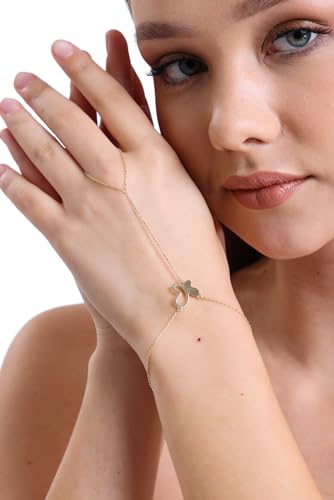 Wish Carat 14k Gold Adjustable Finger Ring Bracelet - Butterfly Hand Chain Bracelet for Women, Solid Gold Jewelry | 7'' to 8'' -1