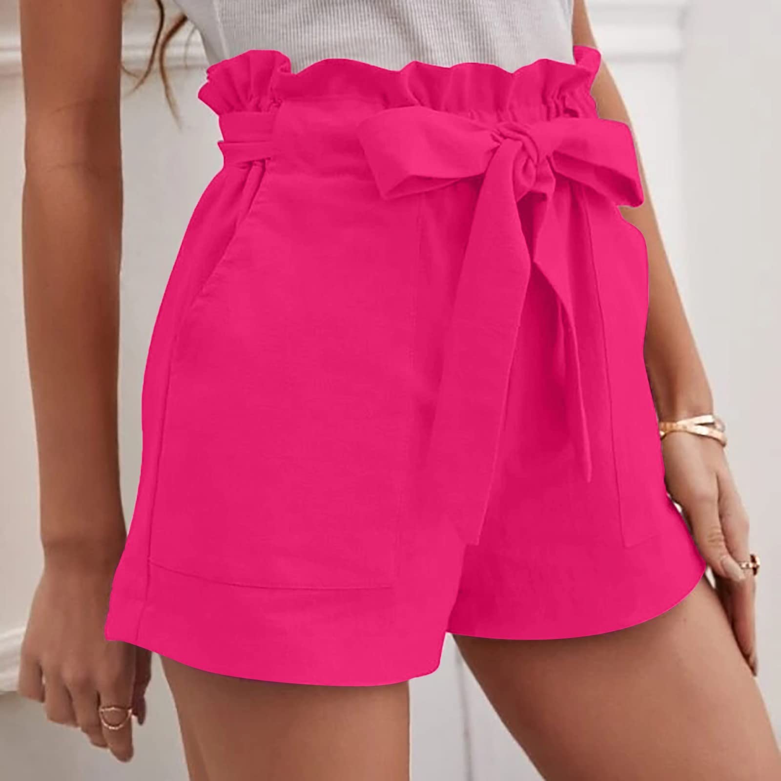 Women's Summer Fashion Solid Wide Leg Pants with Pockets Shorts (Hot Pink, M)