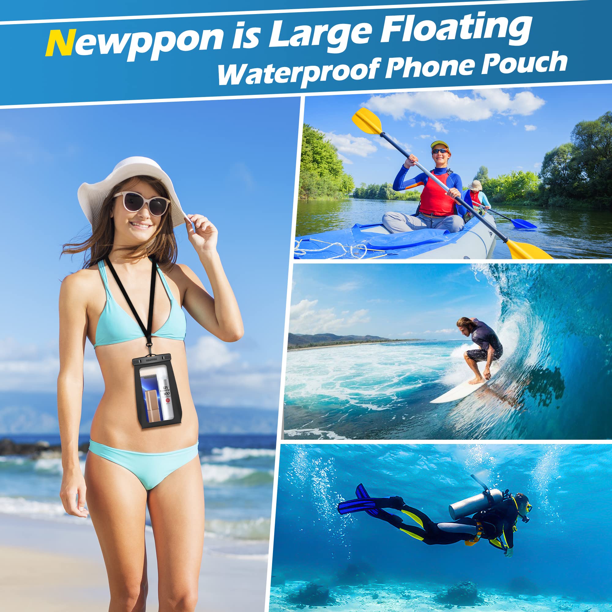 newppon Waterproof Cell Phone Pouch : 3 Pack Water Proof Dry Bag Case with Neck Lanyard - Underwater Universal Clear Cellphone Holder Large Protector for iPhone Samsung Galaxy for Beach Pool Swimming