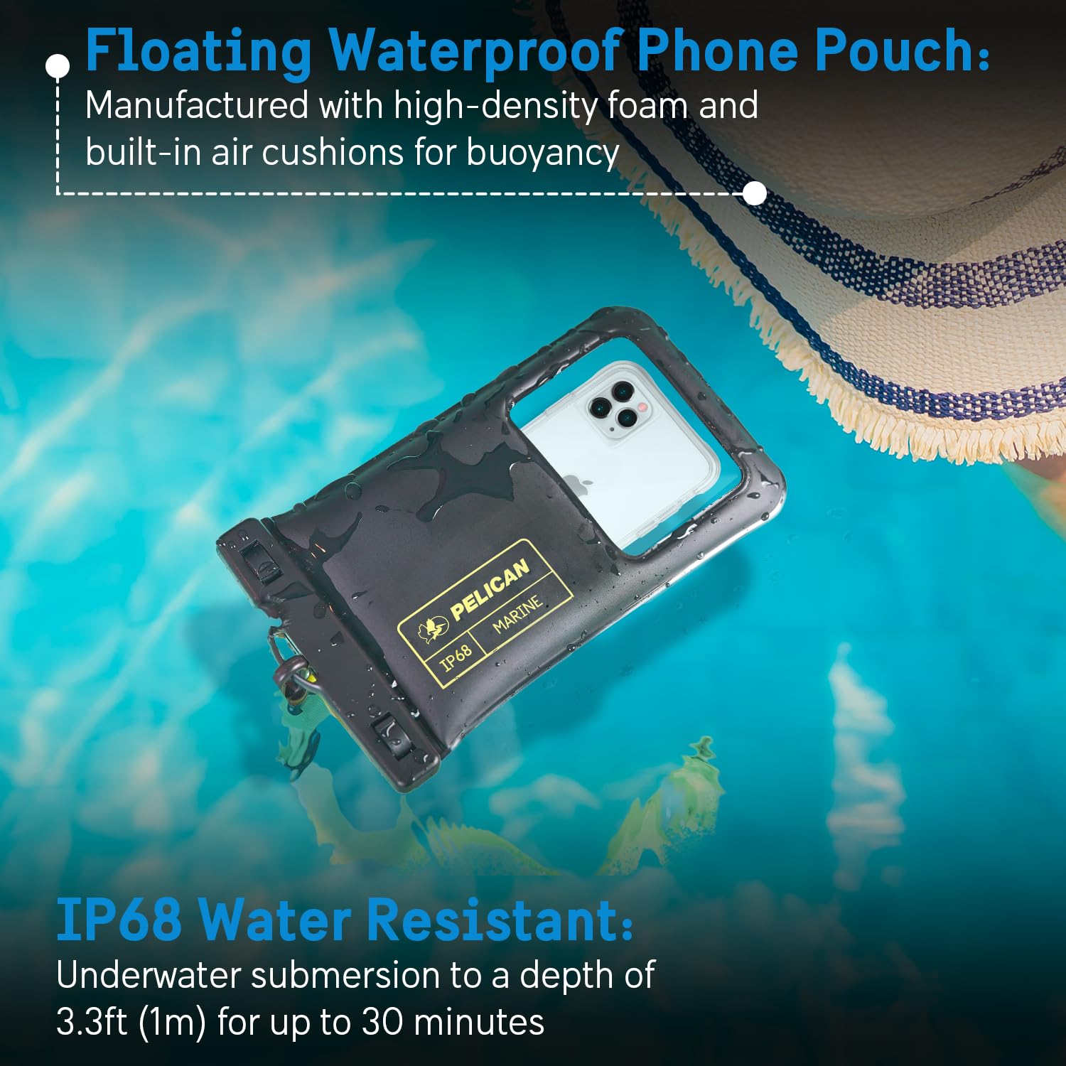 Pelican 2 Pack Marine - IP68 Waterproof Phone Pouch (XL Size) - Floating Waterproof Phone Case - iPhone 15 Pro Max/ 14 Pro Max/ 13 Pro Max/ 12/ S24 Ultra - Detachable Lanyard - Black / Hi-Vis Yellow