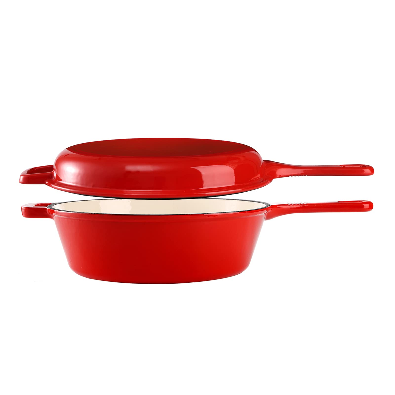 Suwimut Enameled 2-in-1 Cast Iron Multi Cooker, 3.2 Quart Red Heavy Duty Deep Skillet and Lid Set Dutch Oven Frying Pan, Non-Stick Kitchen Cookware Grill, Stovetop, Induction, Oven Safe