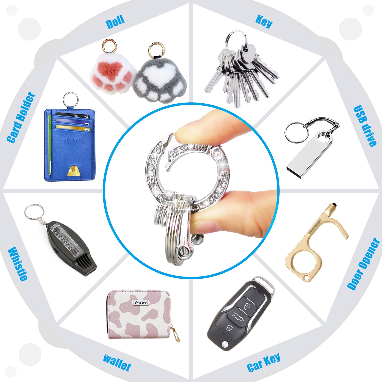 Yiflin Cute Car keychain for Women, Crystal Keychain Accessories,Bling Finger Lanyard for Keys, Car key (Silver, Small)