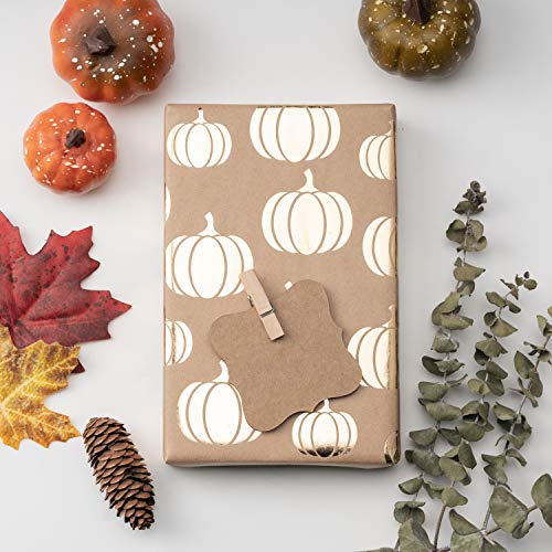 RUSPEPA Wrapping Paper Roll Sheets Kraft Paper - Pumpkin and Maple Leaf Autumn Design Gold Foil - 17.5 x 30 inches Each Sheet, Total of 6 Sheets Packed in 1 roll