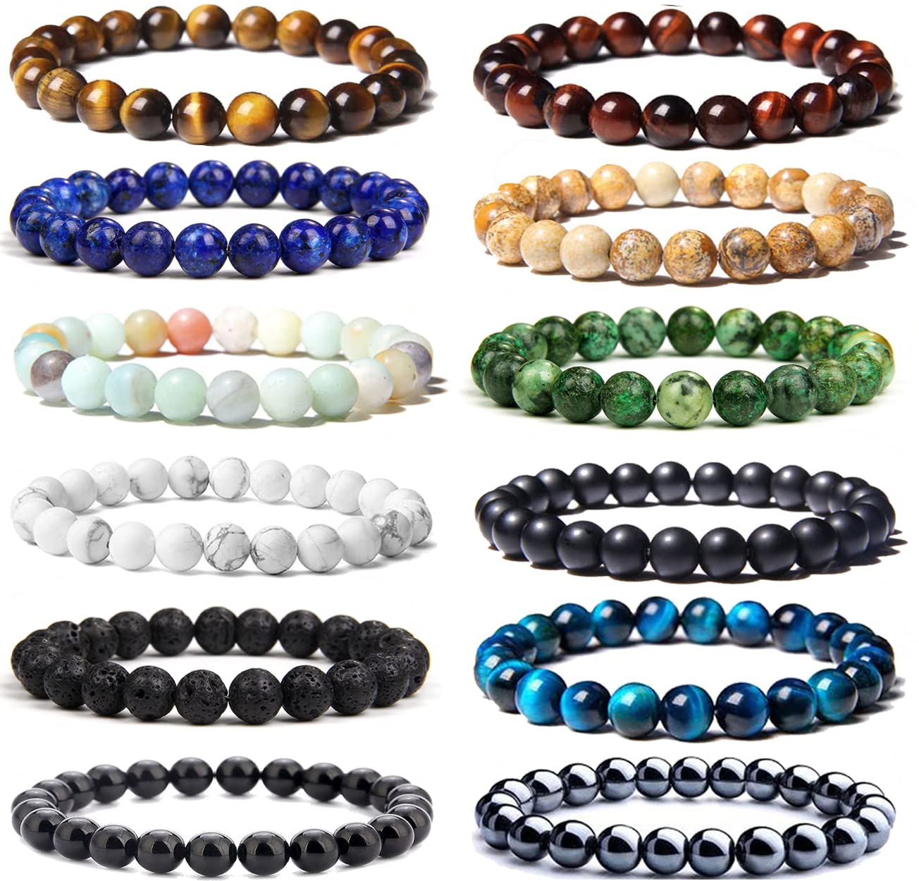 Svovin 12 Pcs 8mm Gemstones Beaded Bracelets for Men Women Semi-Precious Stone Stretch Round Bead Crystal Bracelets Unisex