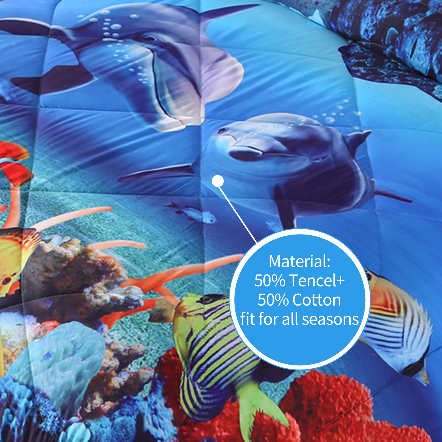 Qucover Dolphin Comforter Set Twin Size 3-Piece Blue Ocean Sea Animall Tropical Fish Comforter Set with 2 Pillowcases for Teen Boys, Twin 59x79 Inches