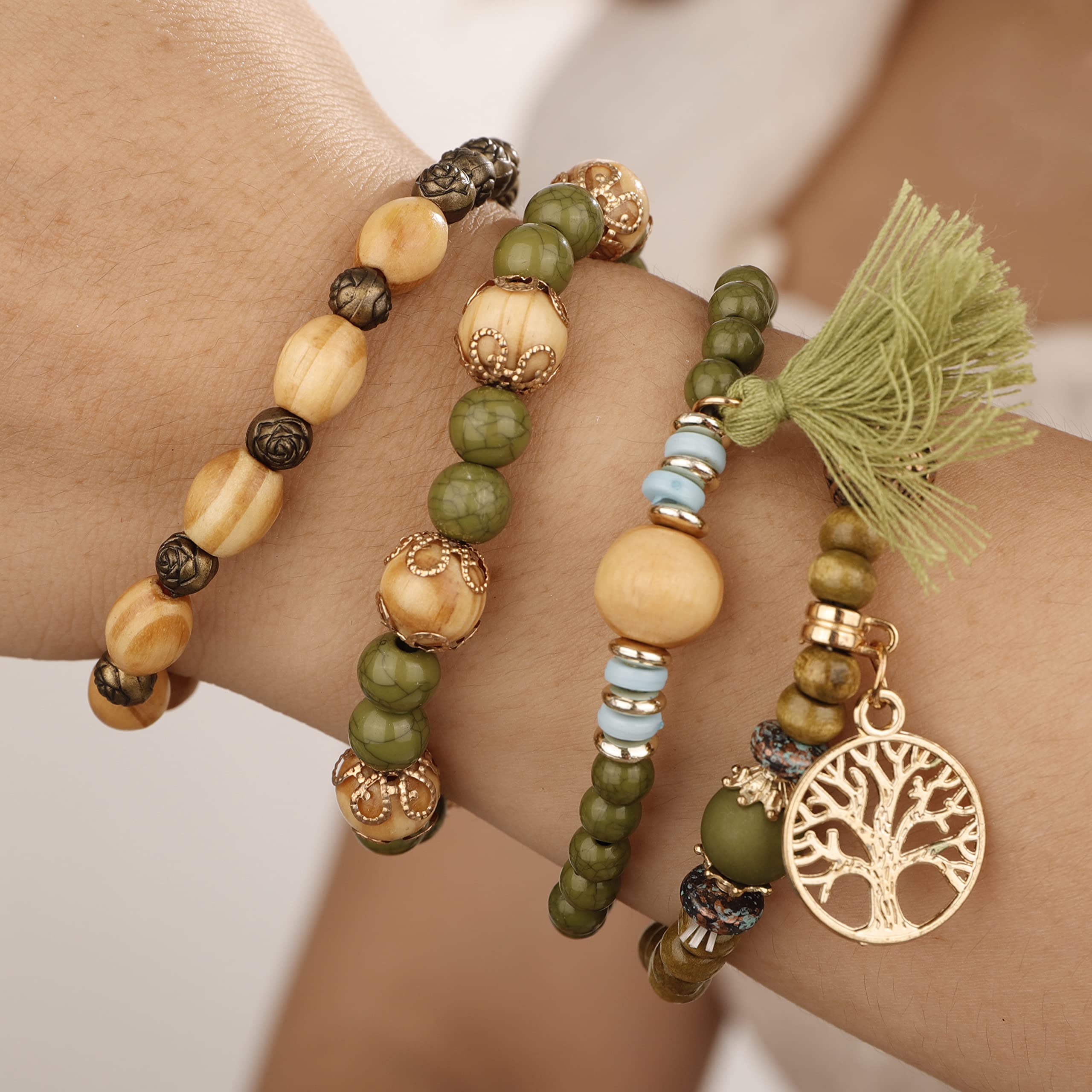 YERTTER 4pcs Bohemian Layered Beaded Tree of Life Pendant Tassel Stretch Stackable Strand Bracelet Beads bracelet Statement Gift for Women Girls(Dark Green)