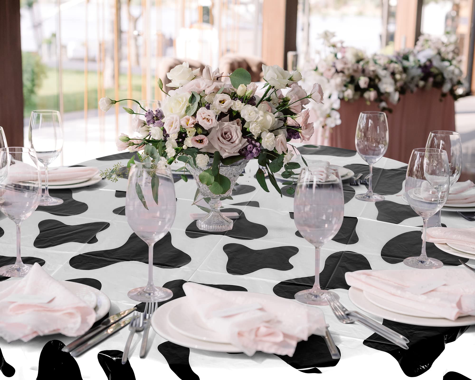 Oudain 6 Pcs 84'' Cow Tablecloth Round Tablecloth Plastic Washable Table Cloth Disposable Stain Resistant Table Cover for Picnic Camping Party Xmas Kitchen Dining Table(Black, Simple Style, 6 Pcs)