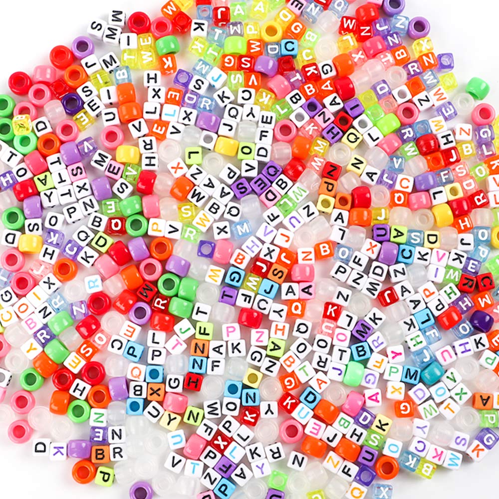 Quefe 1500pcs Beads Kit Letter Beads Assorted Acrylic Alphabet Beads Large Hole Beads UV Beads 6 Styles with 50 Meters Elastic String for Bracelets Crafts and Necklaces Making