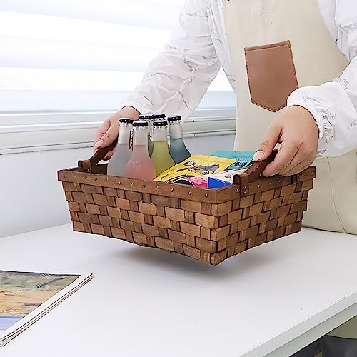 Rectangular Wooden Basket, Natural Hand Woven Storage Basket with Handles for Sundries Toys Fruits (Dark Brown)