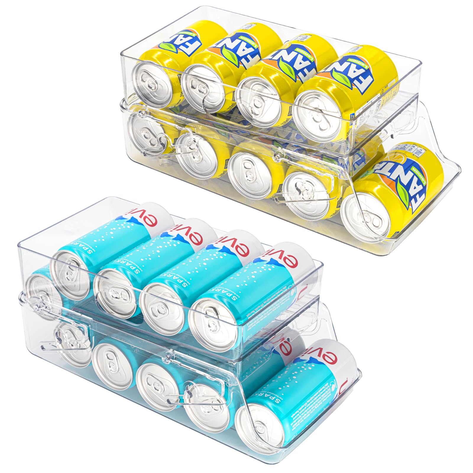 SCAVATA 2 Pack Rolling Soda Can Organizer for Refrigerator, Double-Layer Beverage Can Holder Storage Dispenser for Fridge Rack Freezer, Clear Plastic Beer Storage Canned Food Pop Cans Container