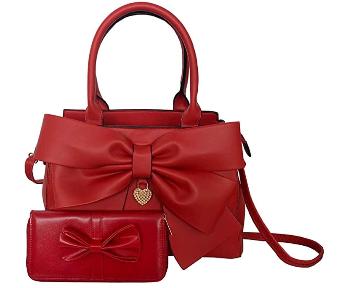 Rullar Women 2Pcs Handbag Set Bow-Knot Satchel Top-handle Crossbody Bag Tote Wallet Purse with Heart Pendant Red