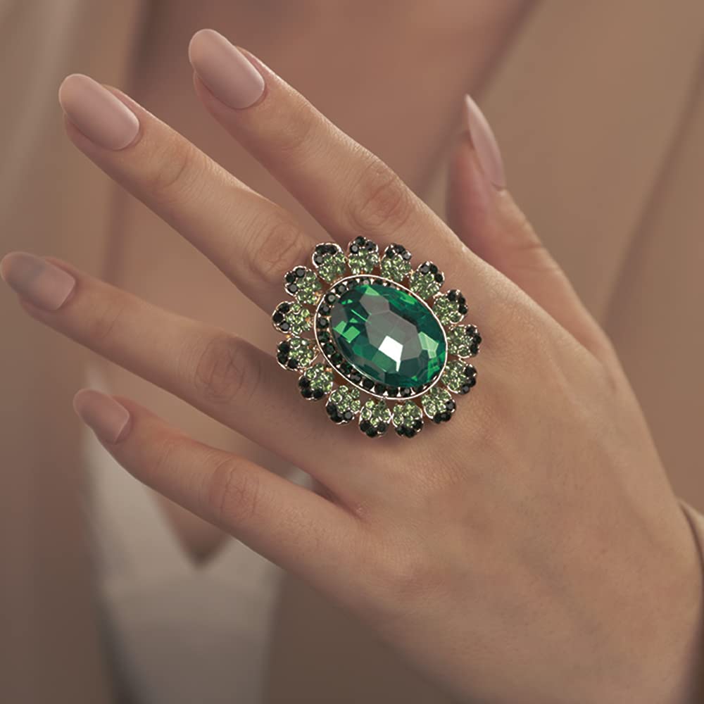 YERTTER Antique Gold Green Crystal Women Statement Ring Rhinestone Oval Ring Exaggerated Cocktail Ring Vintage Crystal Ring for Women Girls(Green)