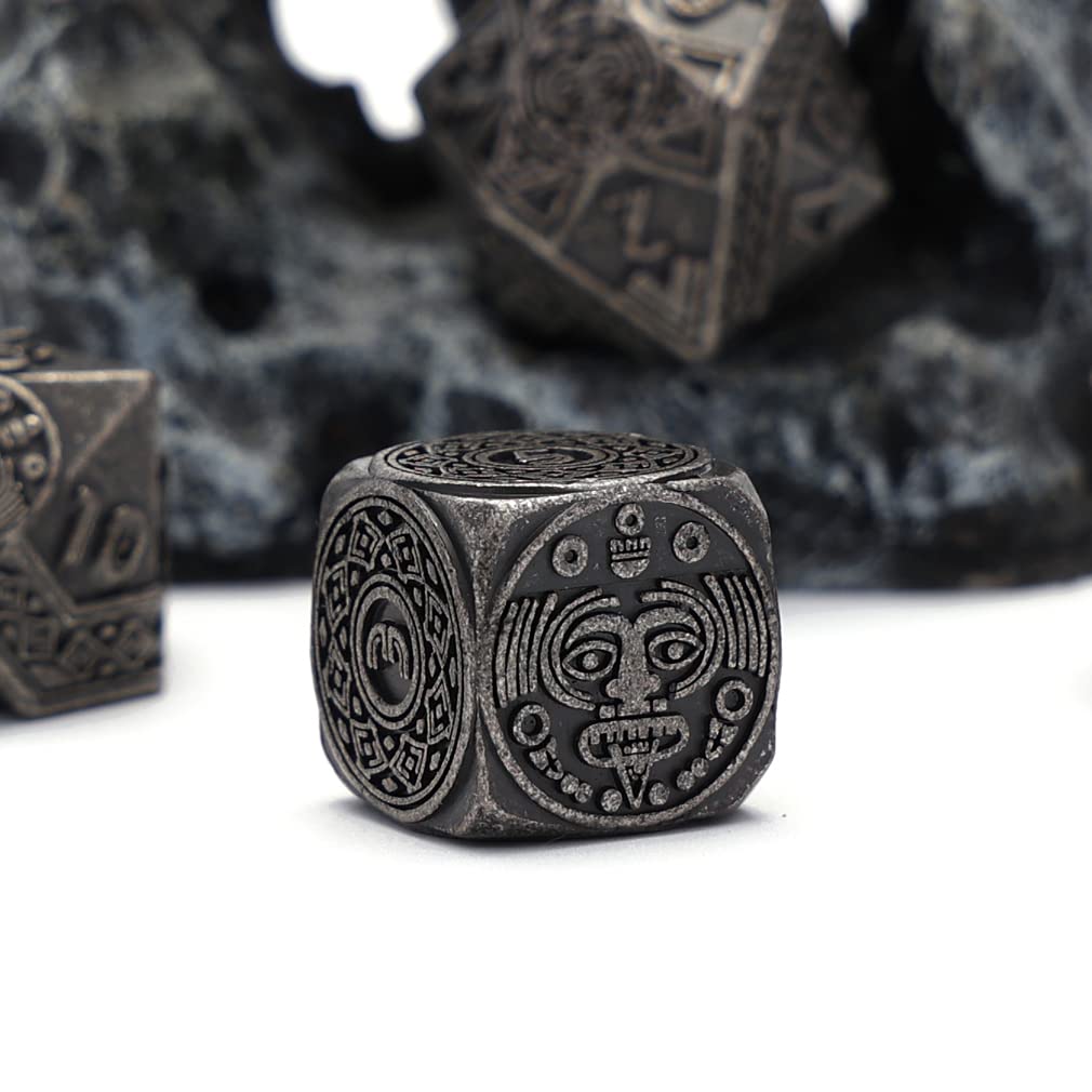 YEMFIRE Original Mayan Dice,7 PCS Solid Metal Dice for Role-Playing Game D&D,Polyhedral RPG Dice Set for Board Game MTG D20 Dice (Rolled Nickel Plating)