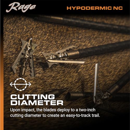 Rage Hypodermic NC 2-Blade 100gr Hunting Broadhead (R38100), Hybrid Tip, No Collar Blade Lock.035β Thick Swept-Back Angled Blades with a 2β Cutting Diameter, Machined Stainless Steel Ferrule, 3-Pack